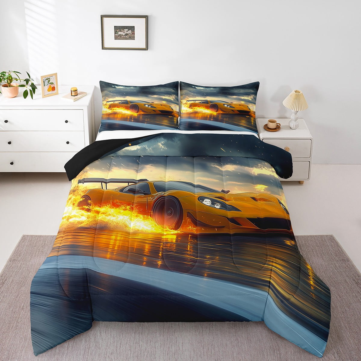 Yellow Race Car Comforter Set Twin Size 2 Pcs,EXtreme Sports Racing Car ...