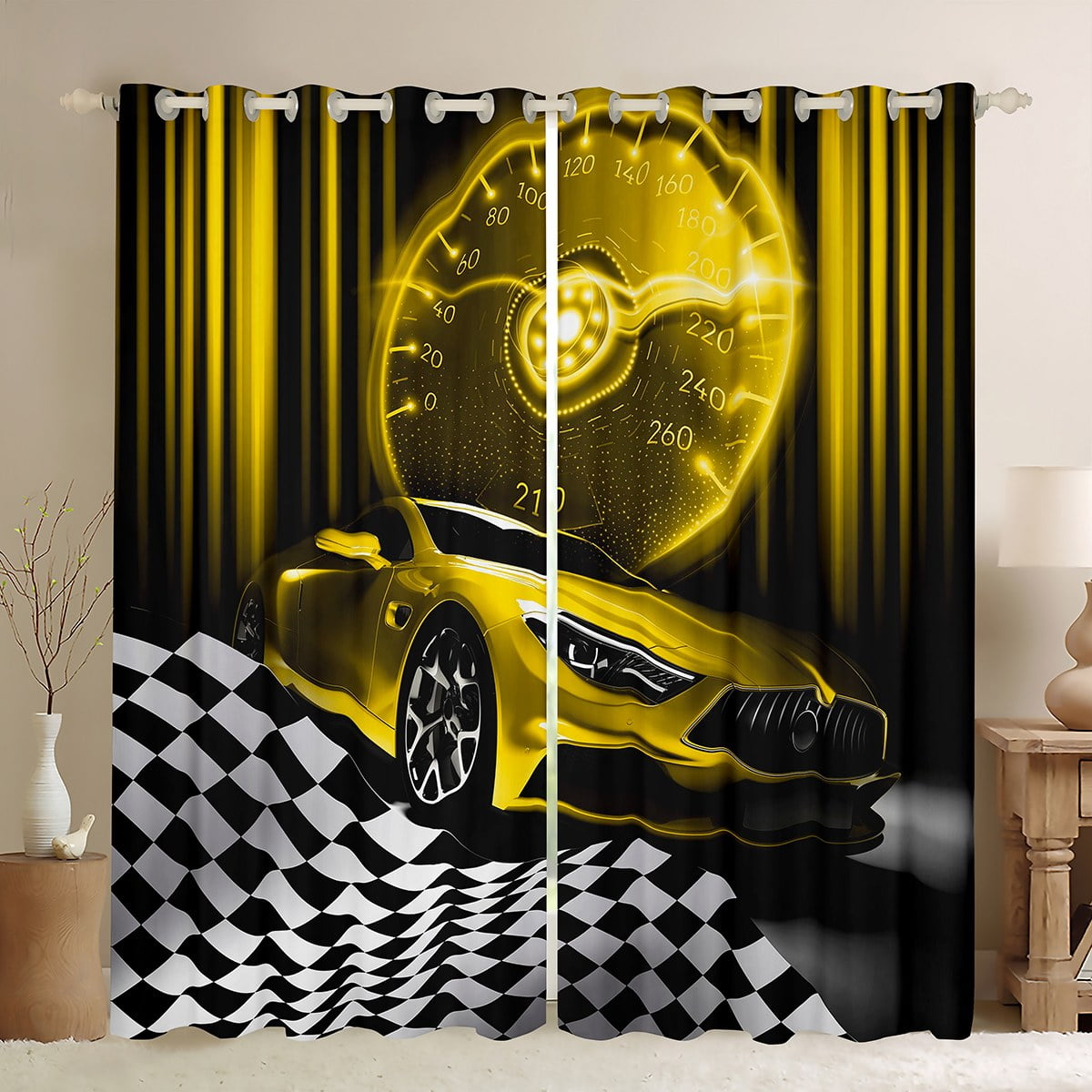 Yellow Race Car Curtains & Drapes for Teenage Boys,Glitter Ombre Line ...