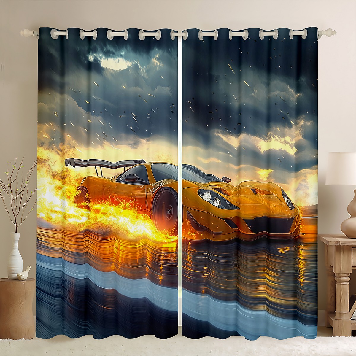 Yellow Race Car Window Curtain,EXtreme Sports Racing Car Competition ...