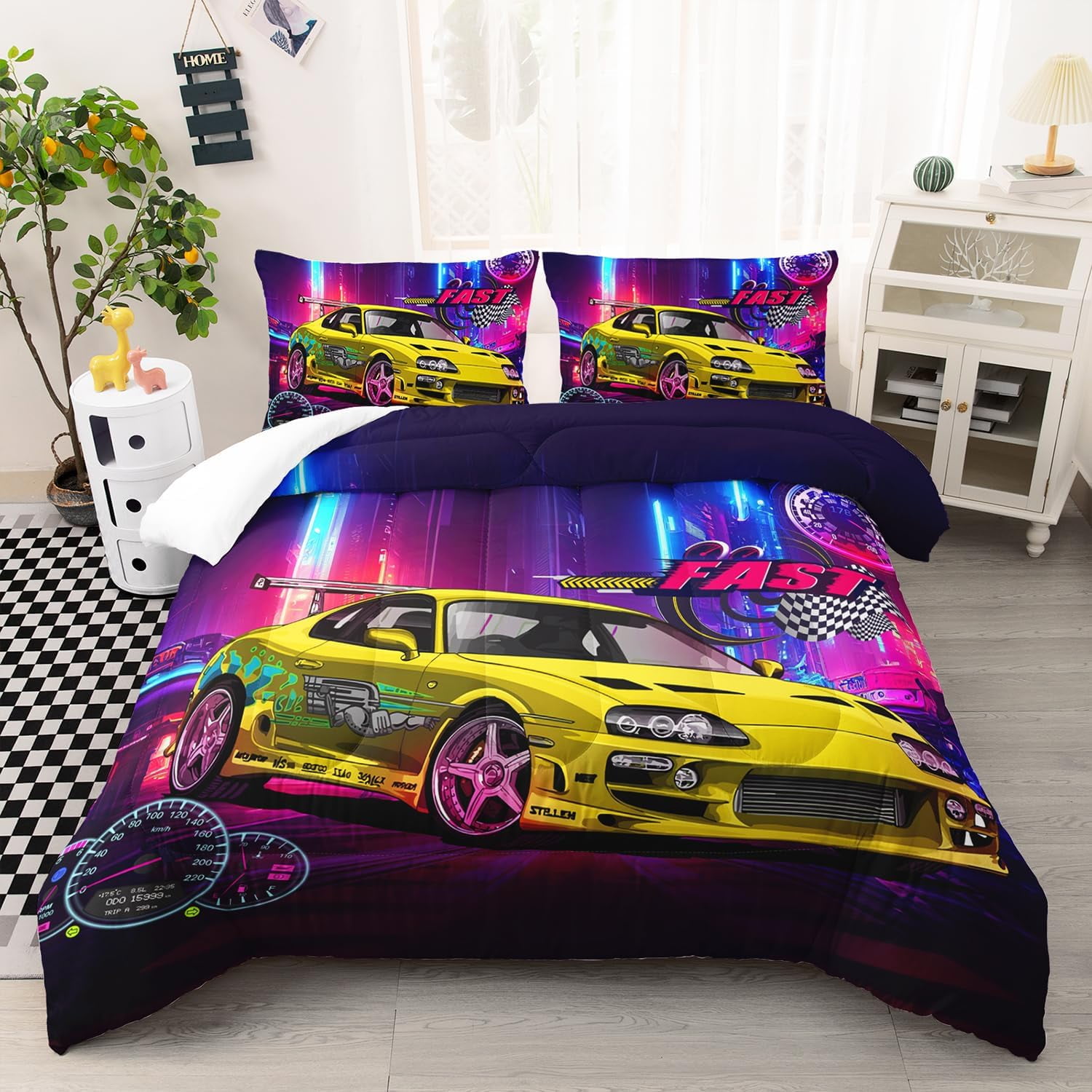Yellow Racing Car Comforter Set Twin Size, Extreme Sport Bedding Set ...