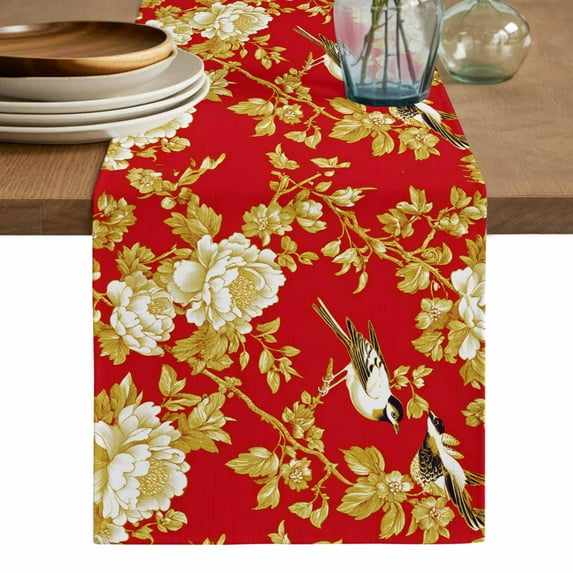 Yellow Red Flowers Table Runner, Luxury Spring Floral Birds Washable ...