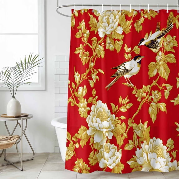 Yellow Red Flowers Waterproof Fabric Shower Curtain,Luxury Spring ...