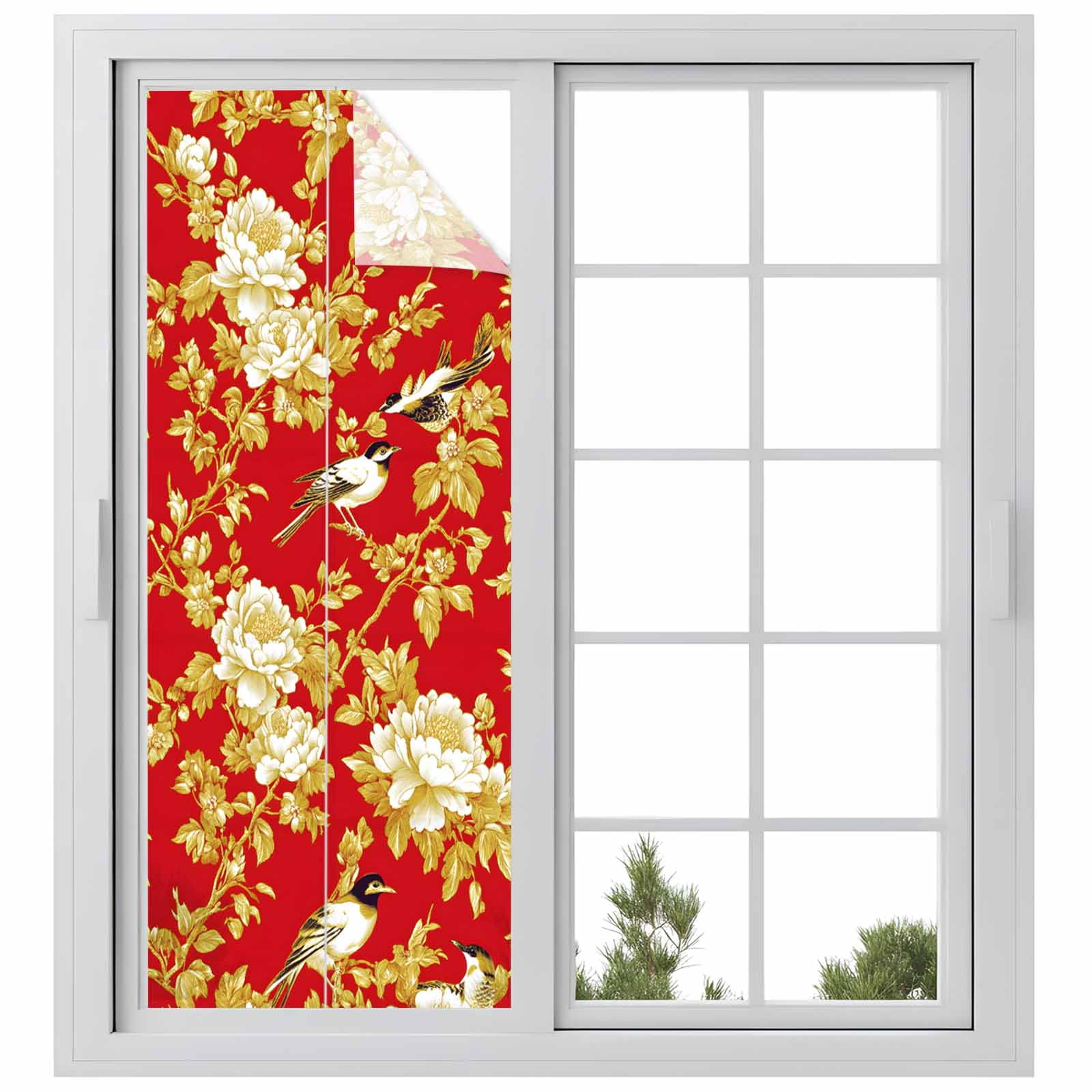 Yellow Red Flowers Window Privacy Film, Luxury Spring Floral Birds ...