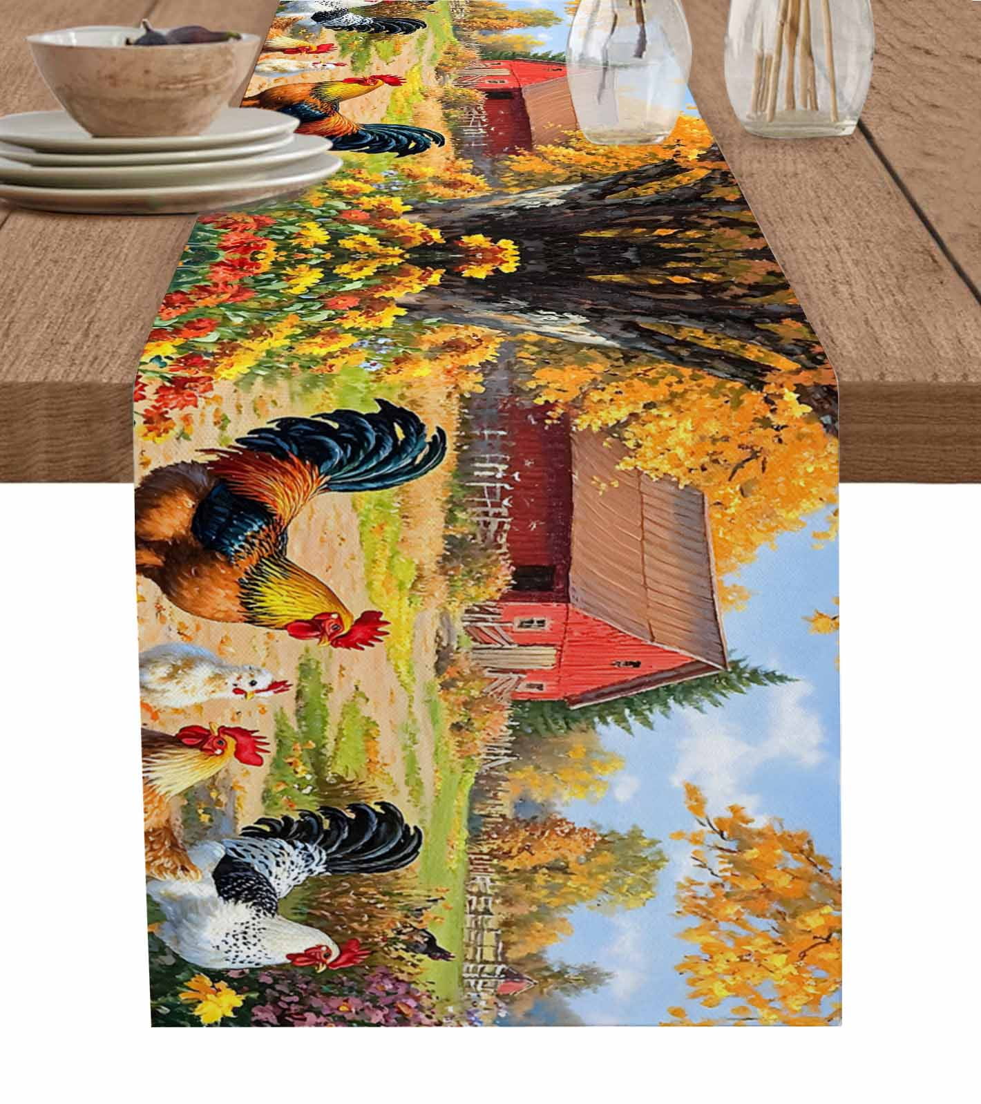 Yellow Retro Rooster Burlap Cotton Table Runner 13x48 Inches Long ...