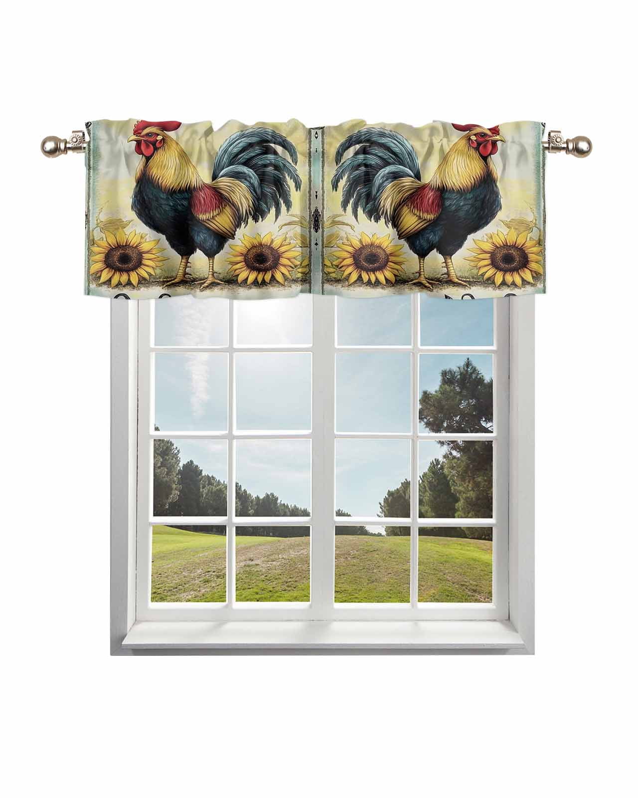 Yellow Retro Rooster Curtain Valance for Windows/Living Room/Kitchen ...