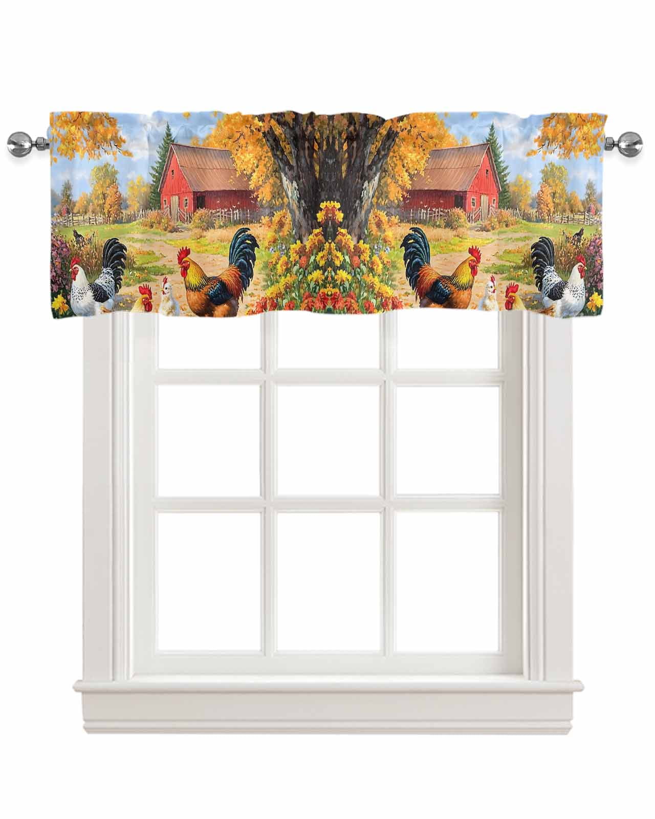 Yellow Retro Rooster Kitchen Valances for Windows Farmhouse Linen ...