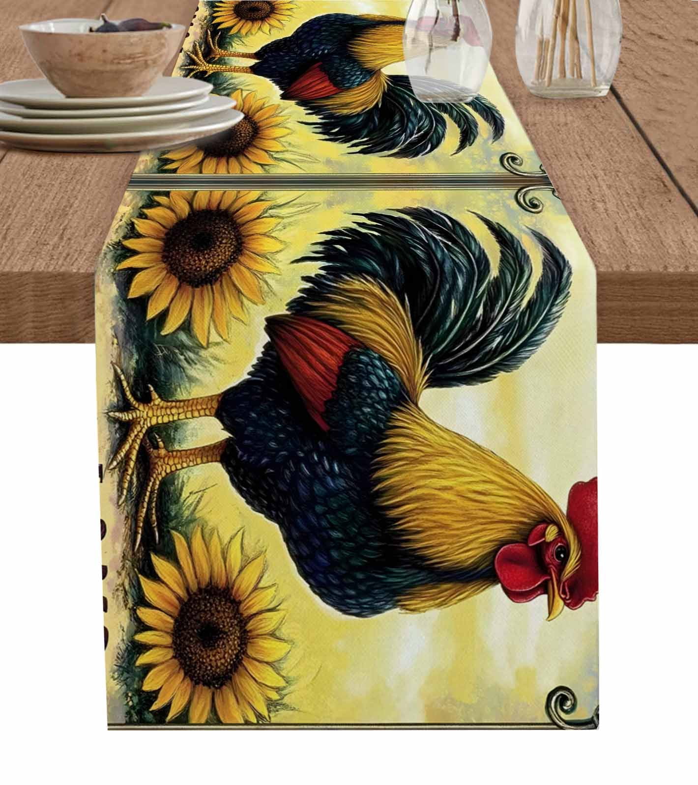 Yellow Retro Rooster Table Runner 72 Inches, Sunflower Farmhouse ...