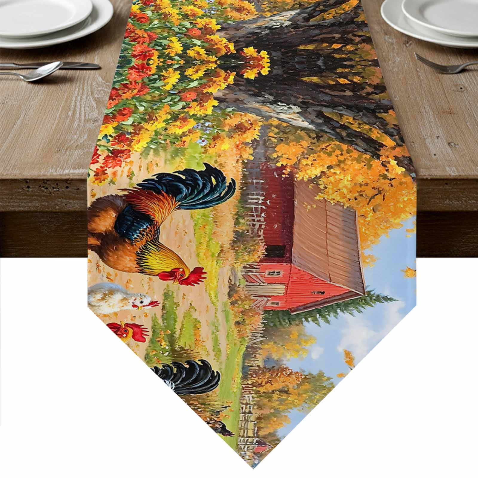 Yellow Retro Rooster Table Runner Linen Burlap Table Runner 108 Inches ...