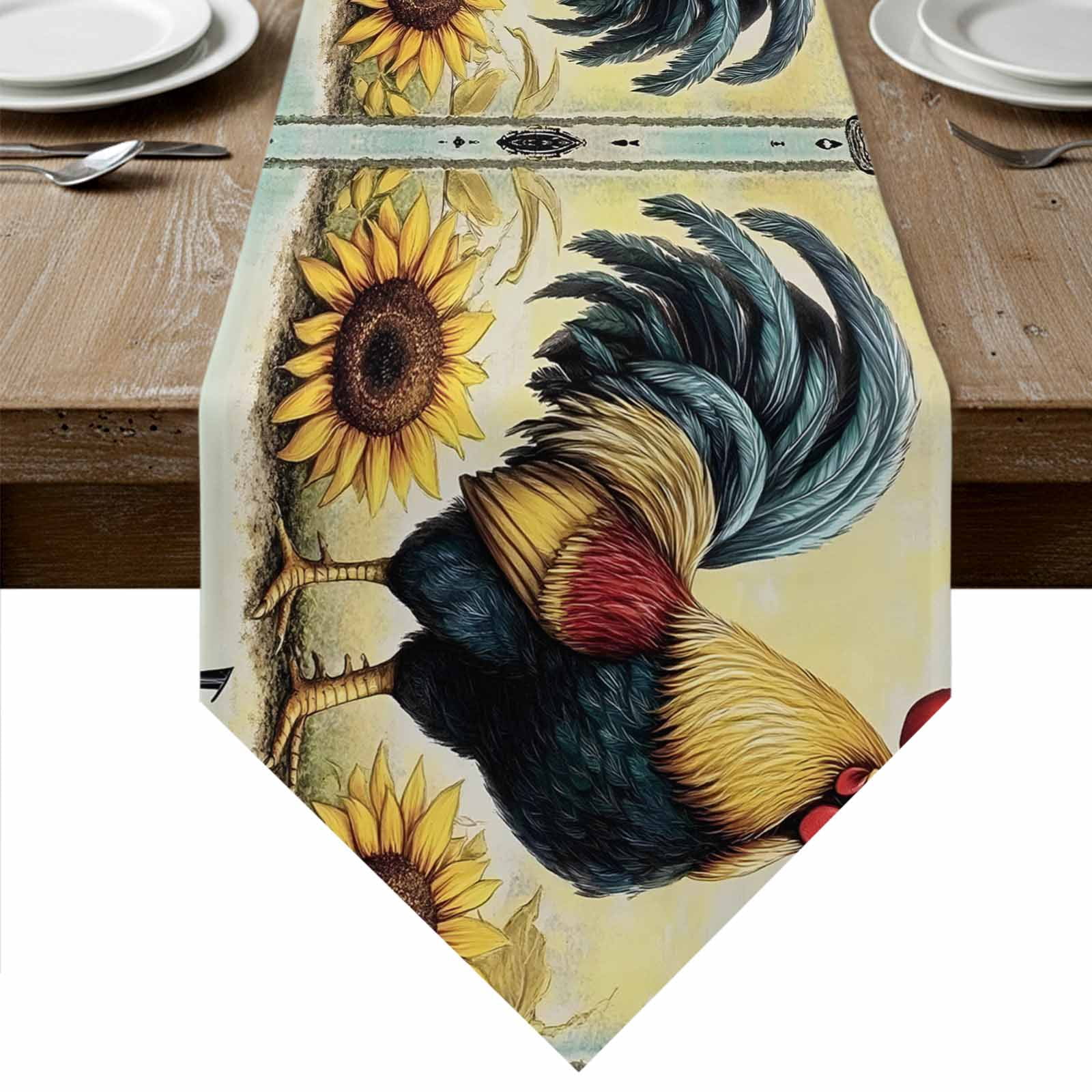 Yellow Retro Rooster Table Runner Linen Burlap Table Runner 72 Inches ...