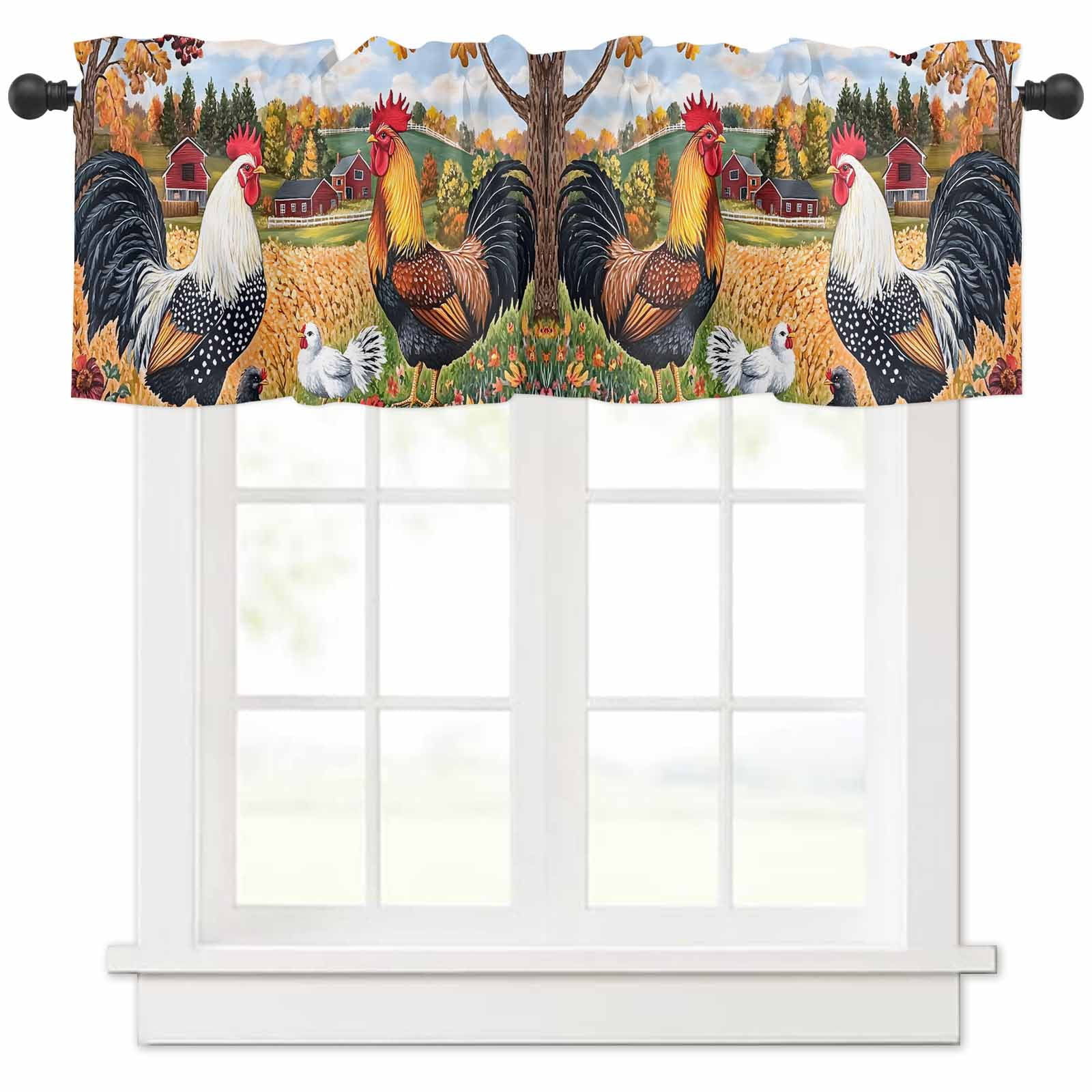 Yellow Retro Rooster Valances for Windows Farmhouse Kitchen Curtains ...