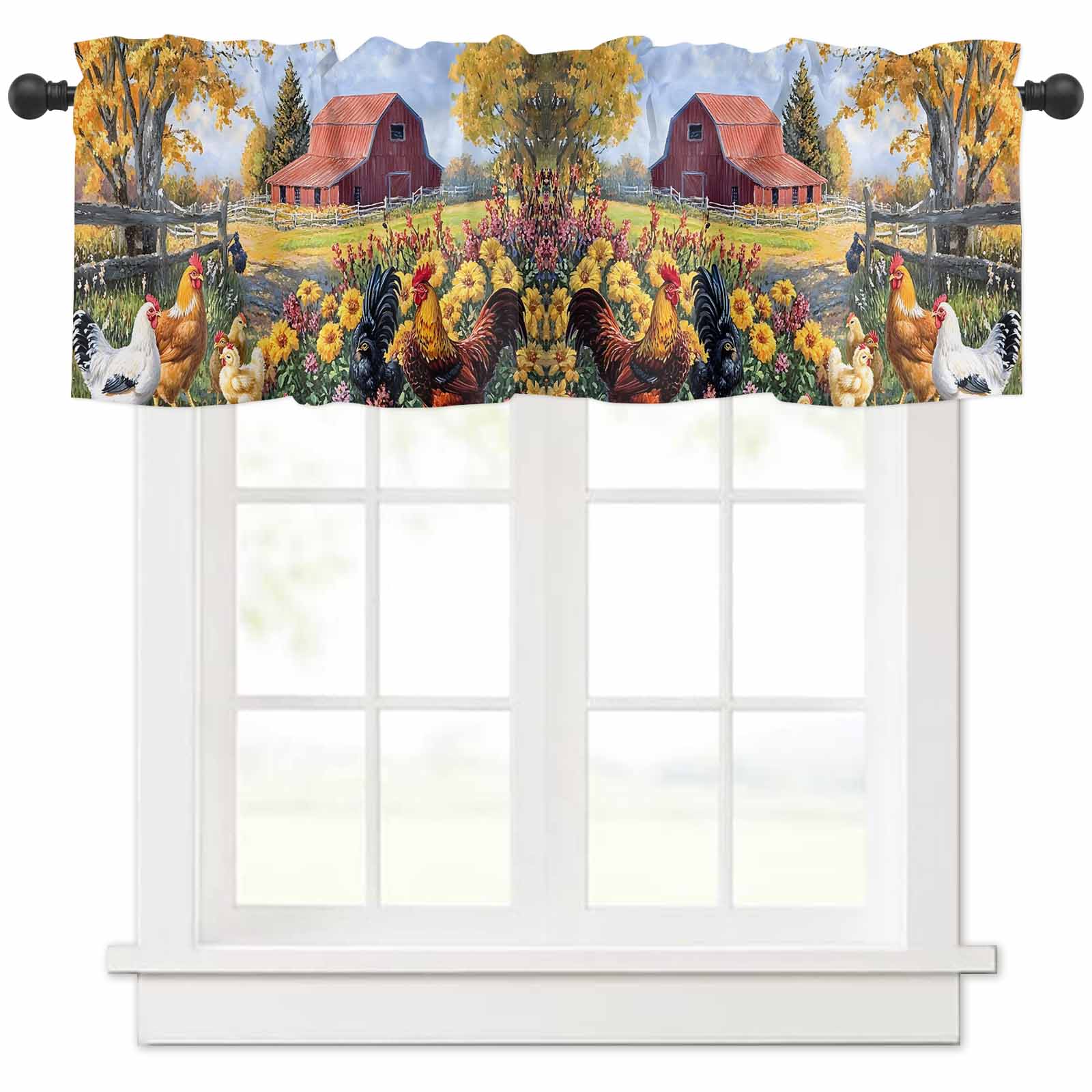 Yellow Retro Rooster Valances for Windows Farmhouse Kitchen Curtains ...