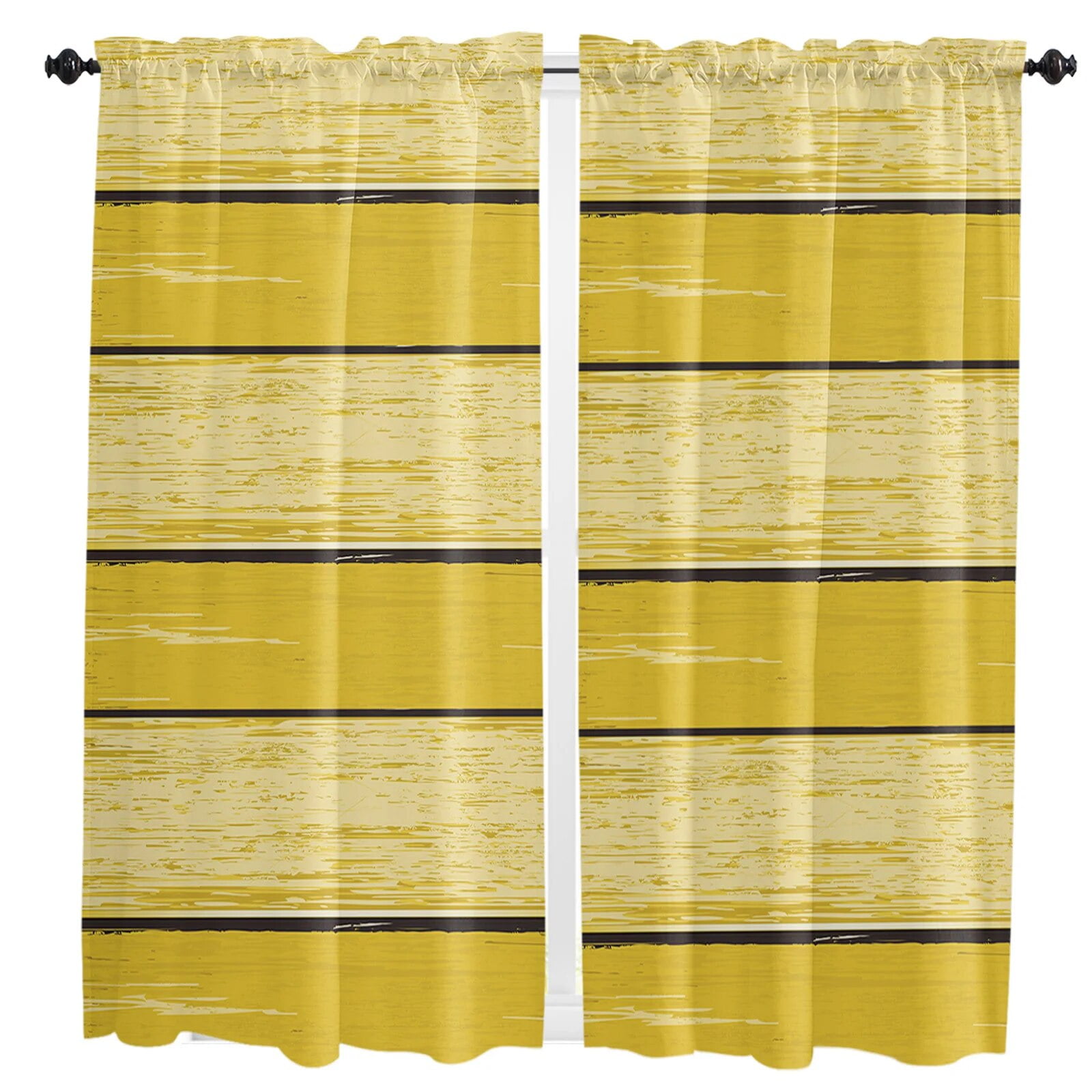 Yellow Retro Wood Grain Small Curtain Rod Pocket Short Curtains Half ...