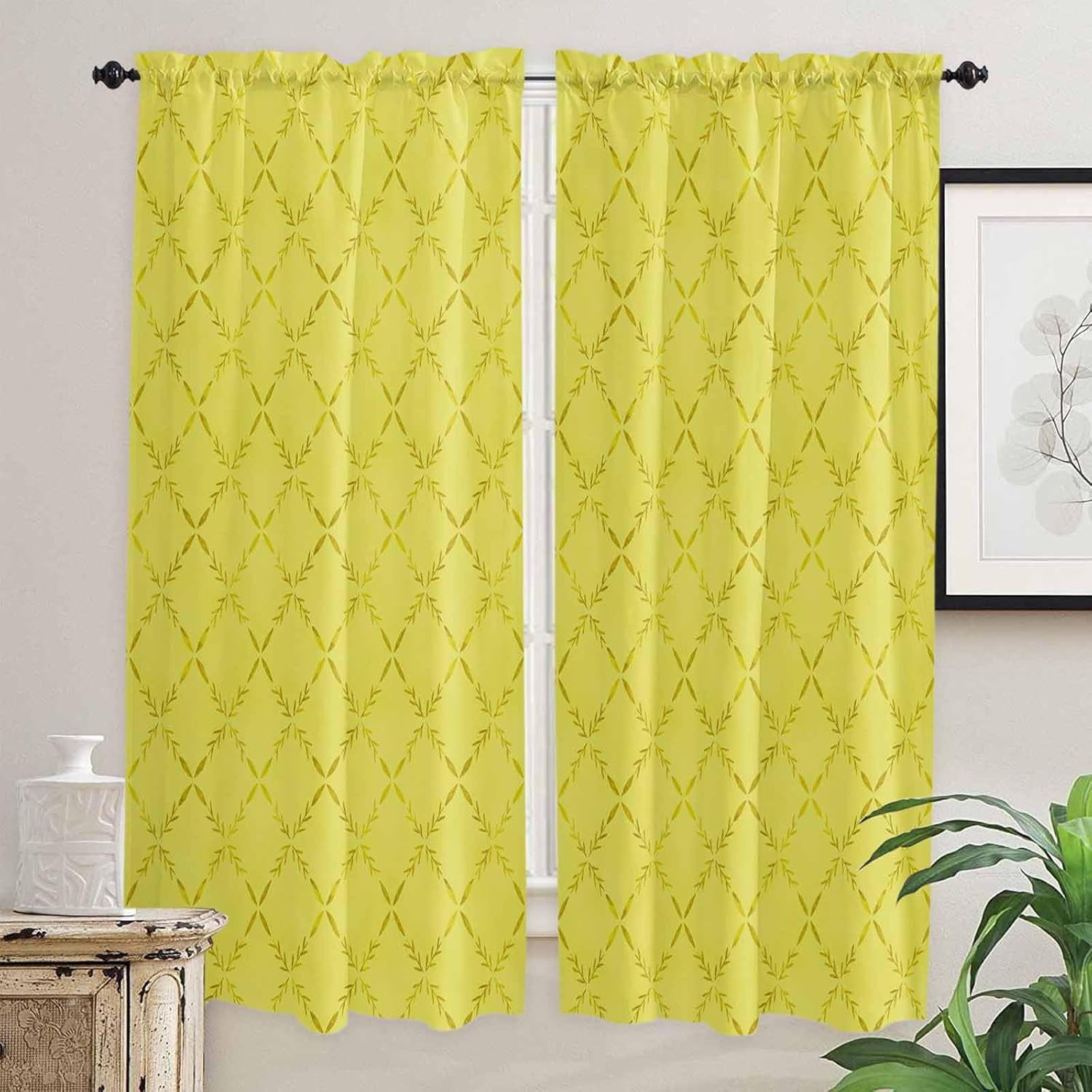 Yellow Rhombus Window Curtains 84 Inch Length, Rustic Modern Plaid ...