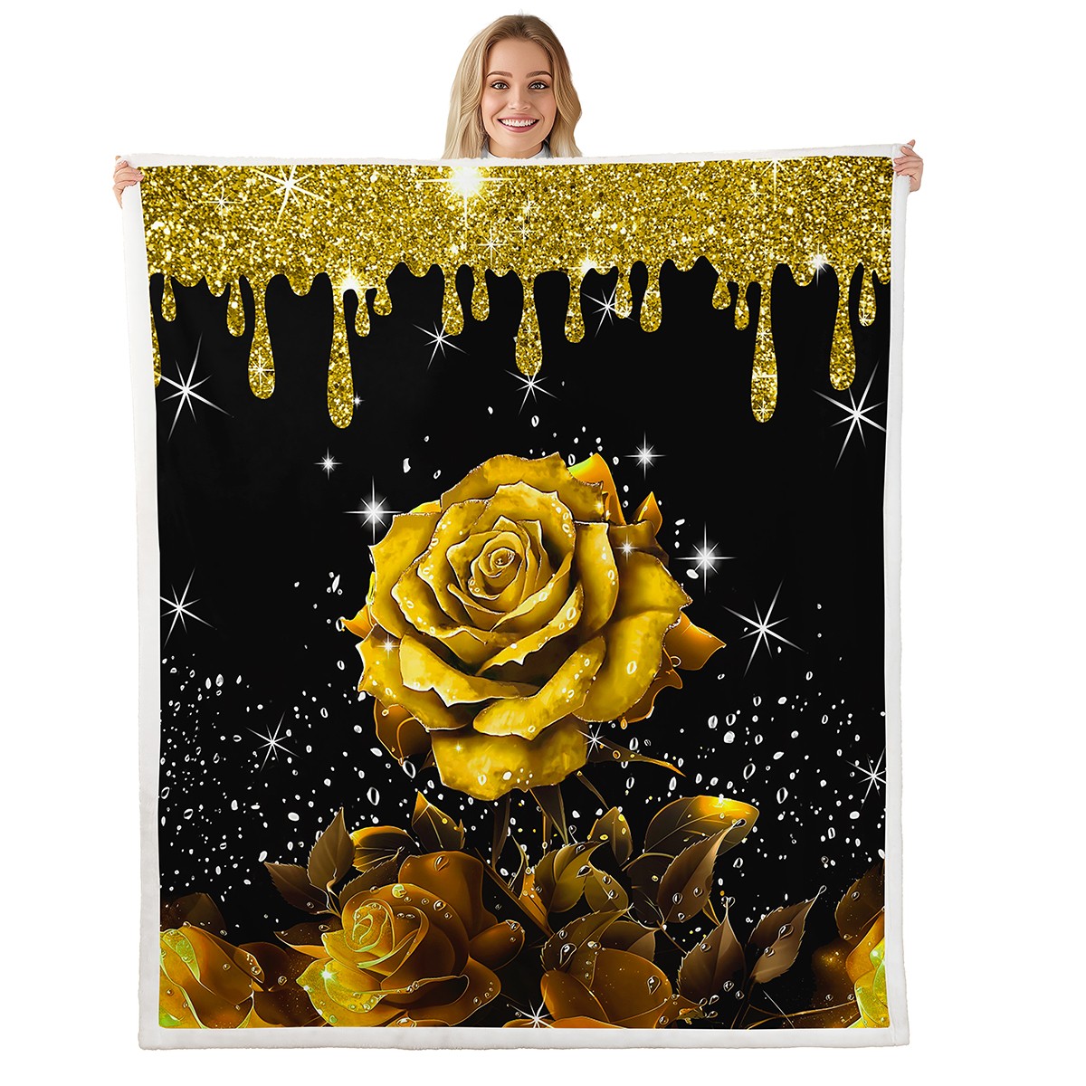 Yellow Rose Blanket Glitter Galaxy Fleece Blanket,Sequin Fluid Art ...