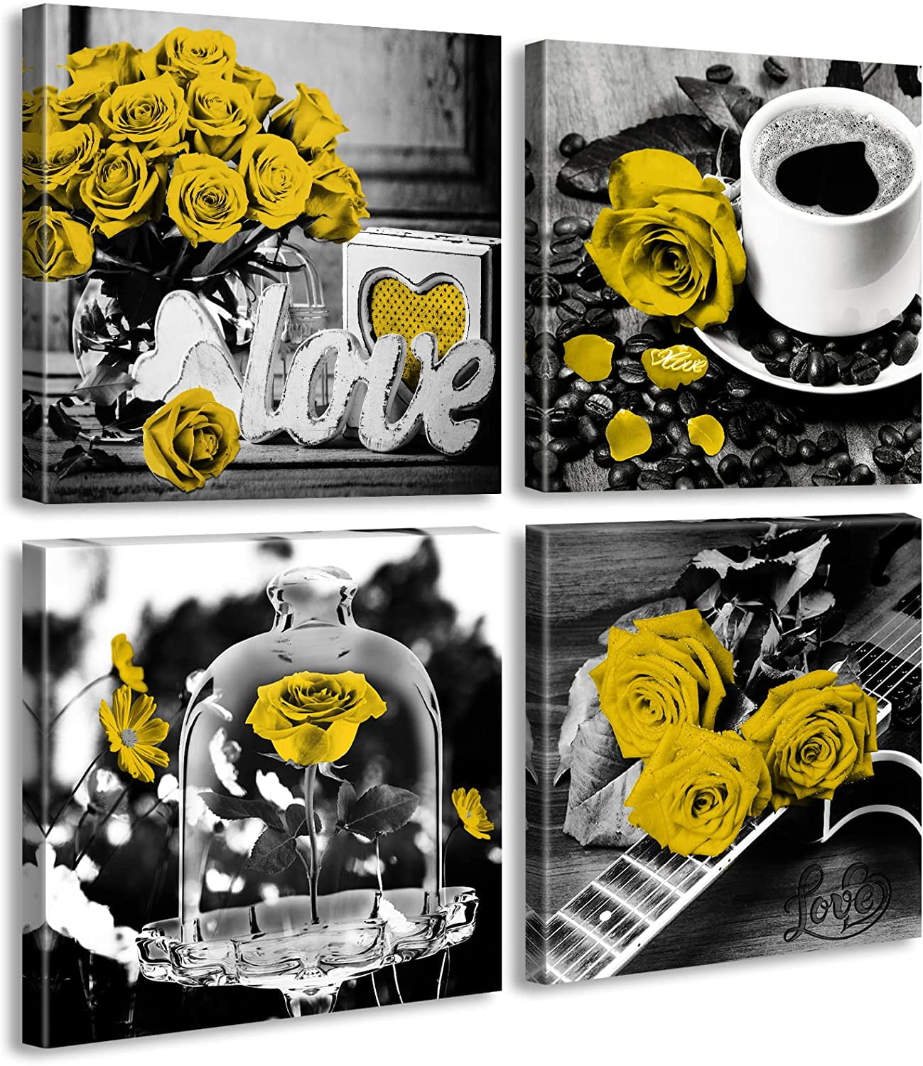 Yellow Rose Decor for Living Room Art Wall 4 Piece Flower Picture ...