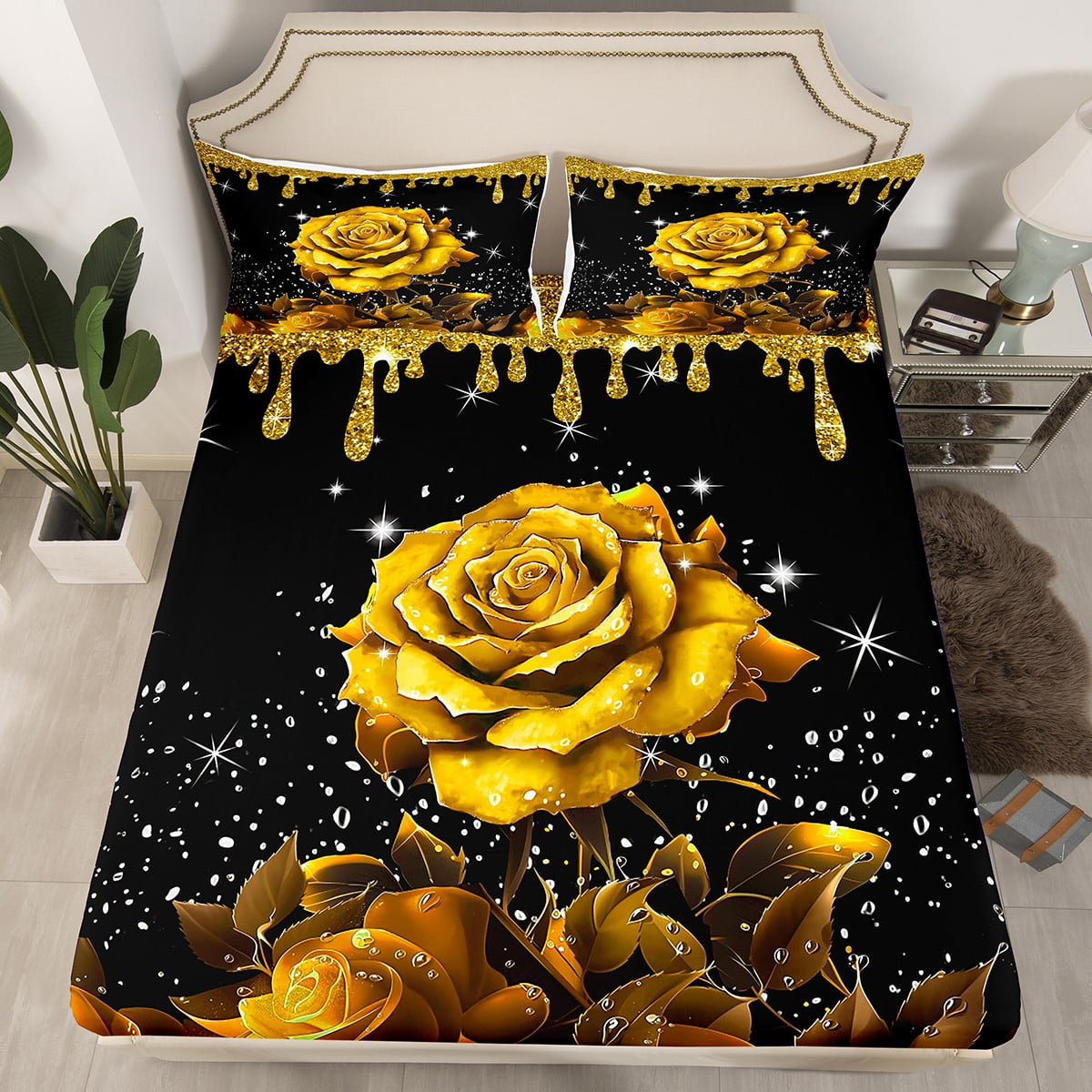 Yellow Rose Fitted Sheet Glitter Galaxy Sheets Queen Size Bed Set ...