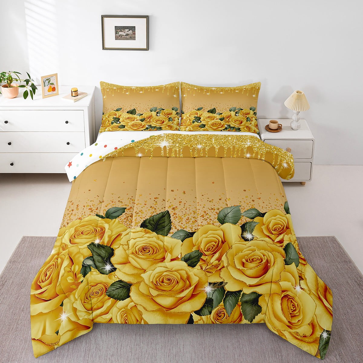 Yellow Rose Queen Comforter Set Diamond Crystal Fluid Art Bedding Sets ...