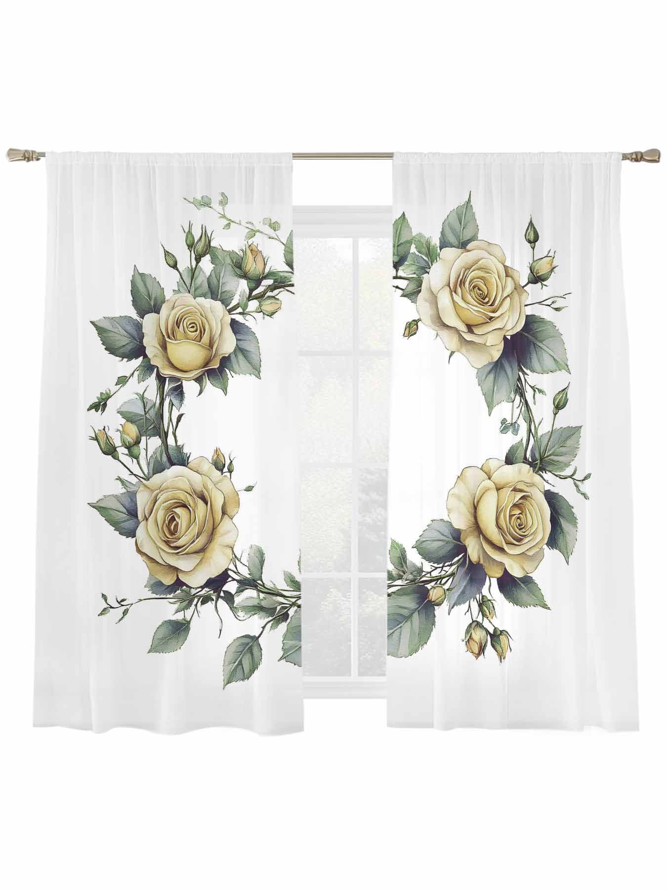 Yellow Rose Sheer Curtains 2 Panels Set Spring Green Floral Leaf Wreath ...
