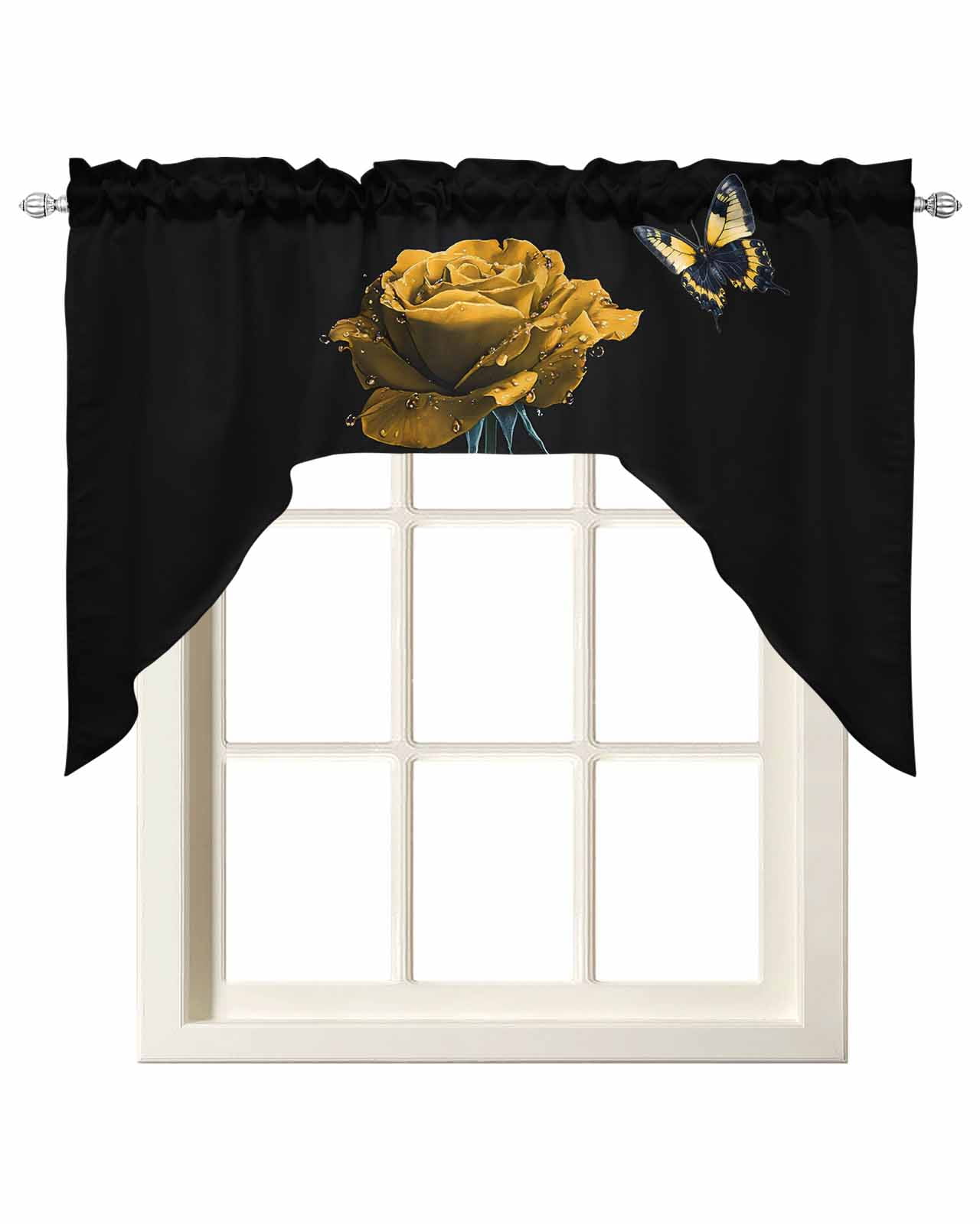 Yellow Rose Swag Valance and Tier Curtains Set Butterfly Splash Water ...