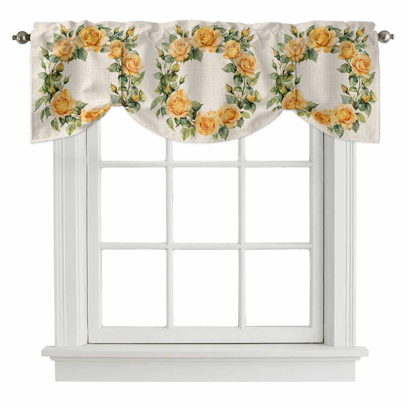 Yellow Roses Tie Up Valance for Windows, Spring Wreath Adjustable Rod ...
