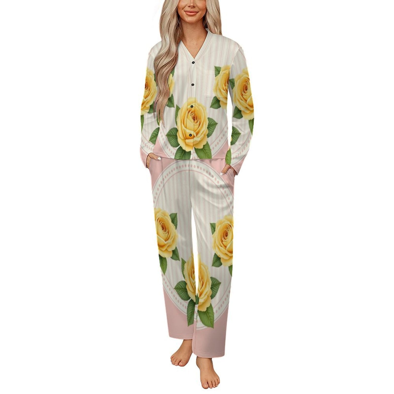 Yellow Roses on Pink Womens Pyjamas Set Button Up Pyjamas Womens with ...