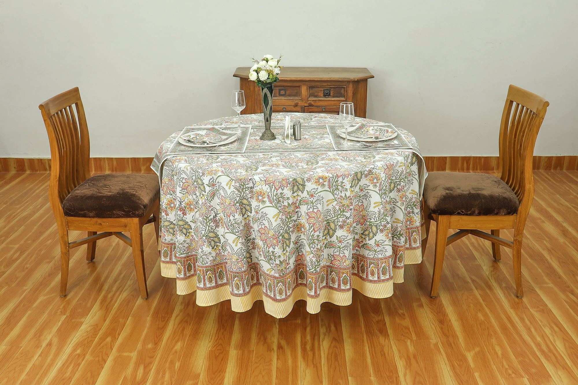 Yellow Round Tablecloth, Indian Floral Hand Block Printed Cotton Cloth ...