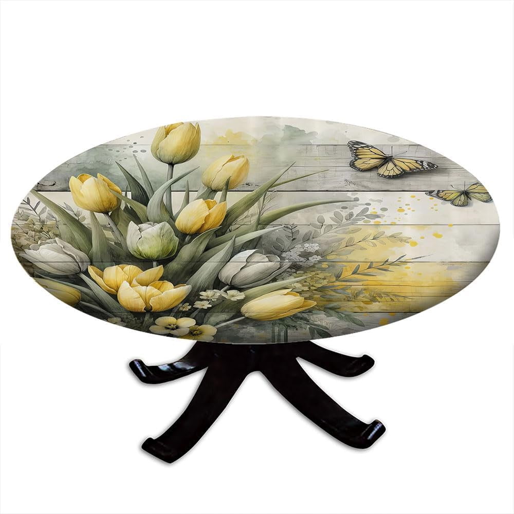 Yellow Round Tablecloth With Elastic Edge, Rustic Farmhouse Vibe ...