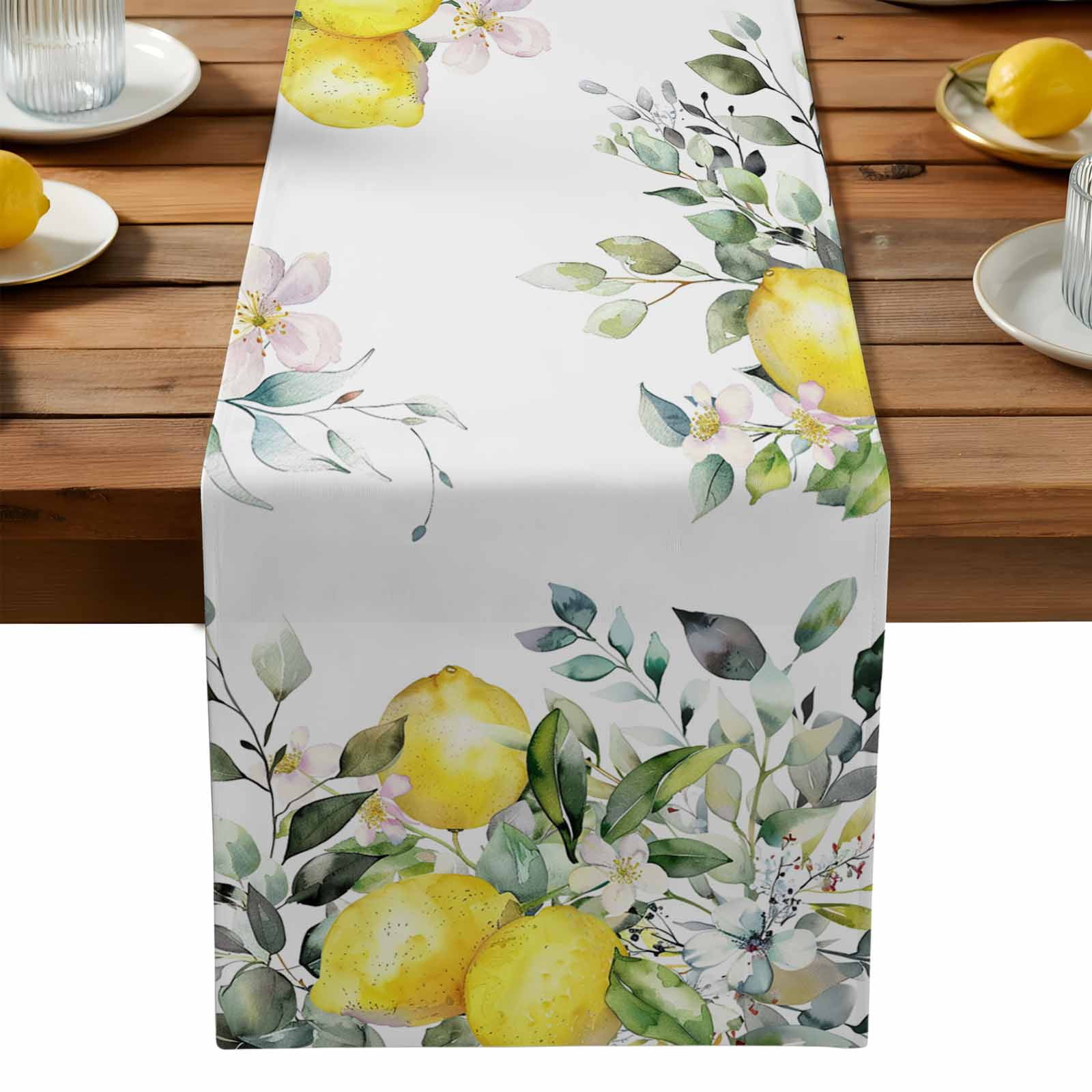 Yellow Rustic Lemon Table Runner, Watercolor Floral Green Leaf Cotton ...