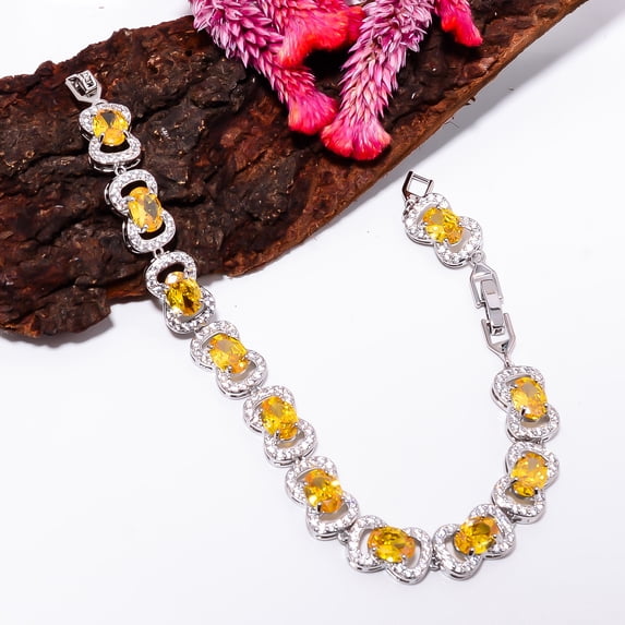 Yellow Sapphire, CZ 925 Sterling Silver Adjustable Tennis Bracelet 7-8 ...