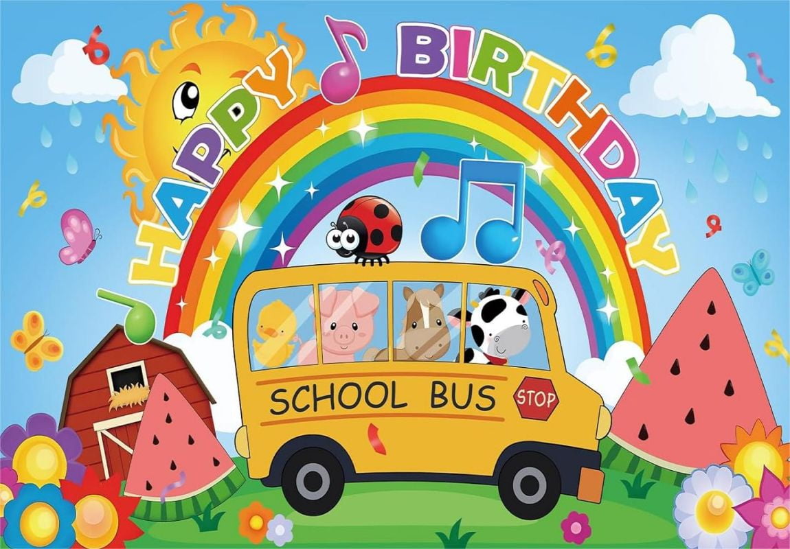 Yellow School Bus Birthday Party Decoration Backdrop Banner Wheels Bus ...