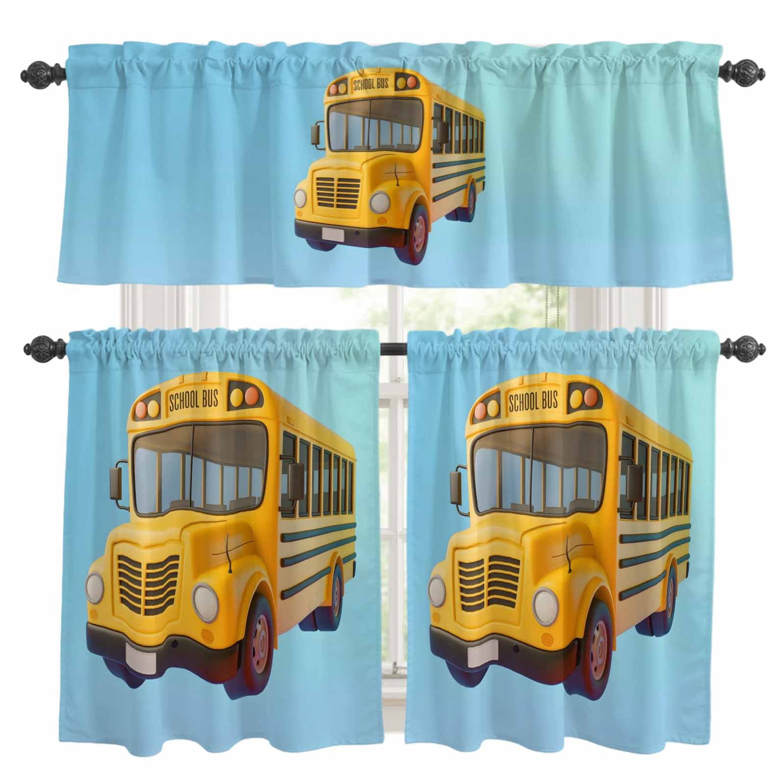 Yellow School Bus Curtain Valances Set Blue Background Cartoon 3D ...
