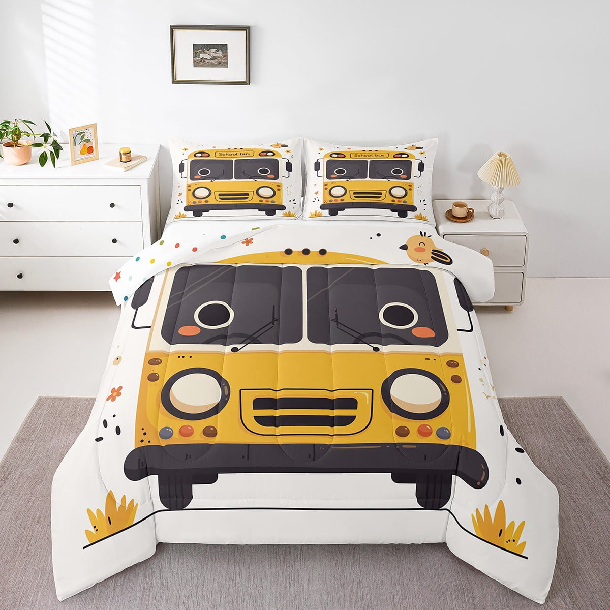 Yellow School Bus Queen Comforter Set Cartoon Bus Truck Bedding Set ...