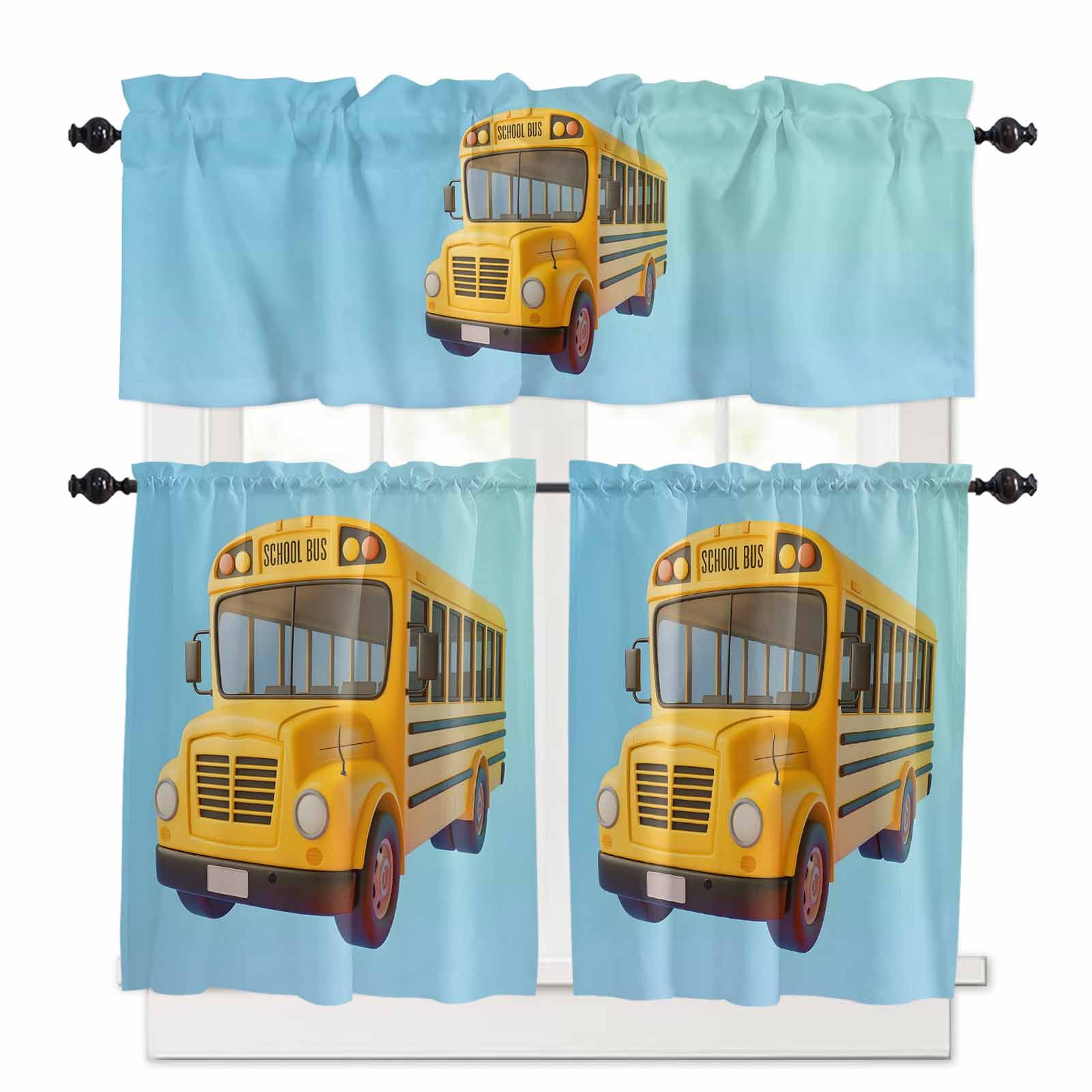 Yellow School Bus Window Curtains Valance Set of 3 Blue Background ...