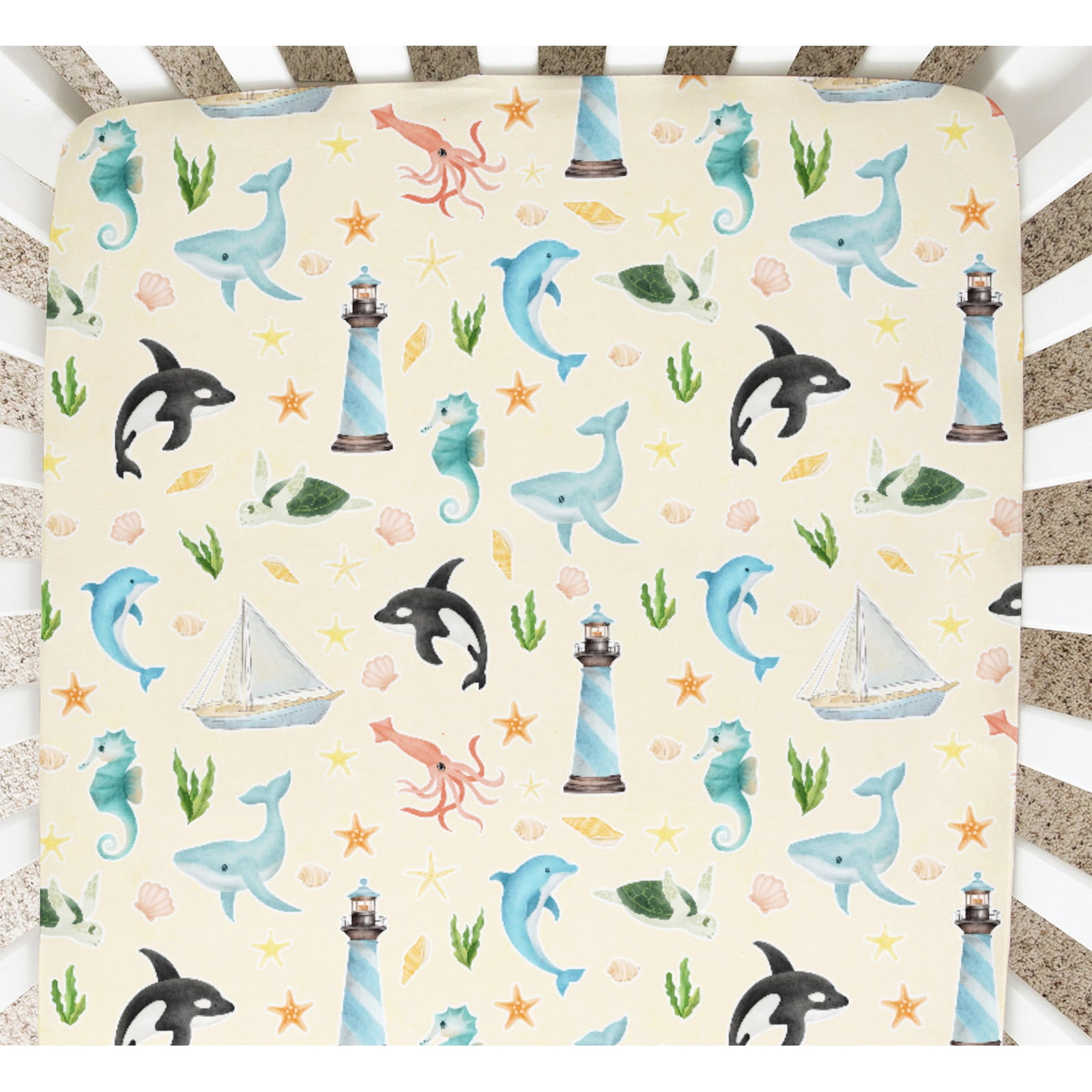 Yellow Sea Animals Baby Crib Sheet for Boy Girl Whale Sea Horse Dolphin ...