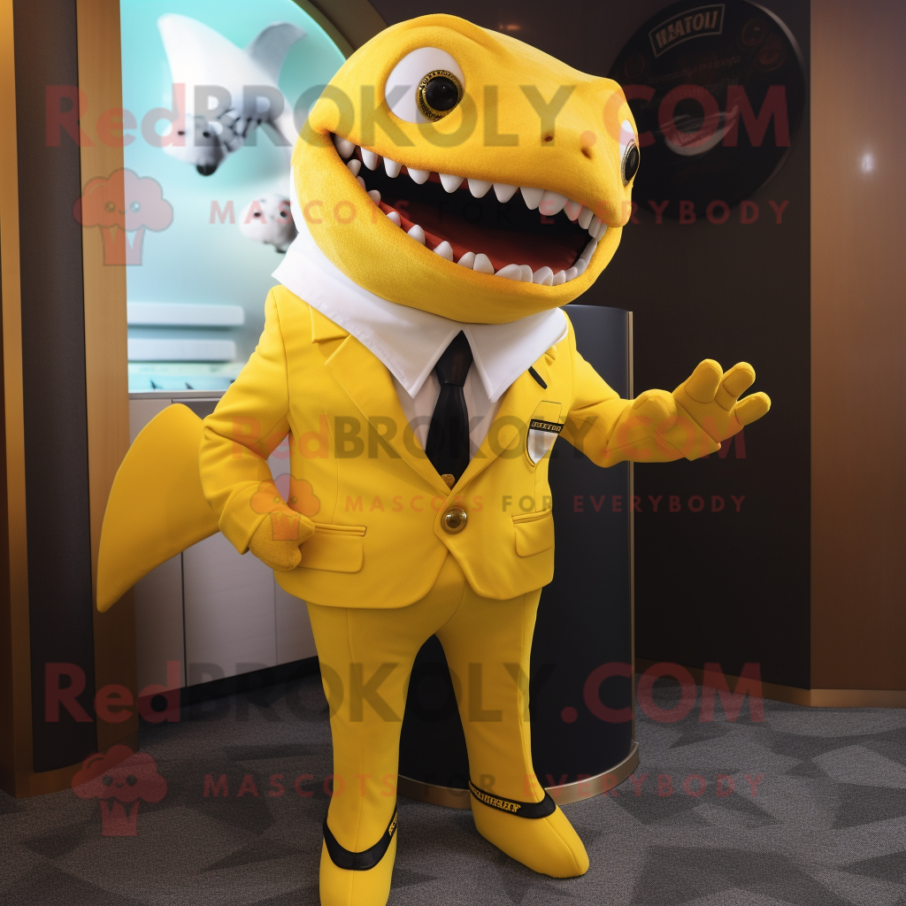 Yellow Shark REDBROKOLY mascot costume character dressed with a Suit ...