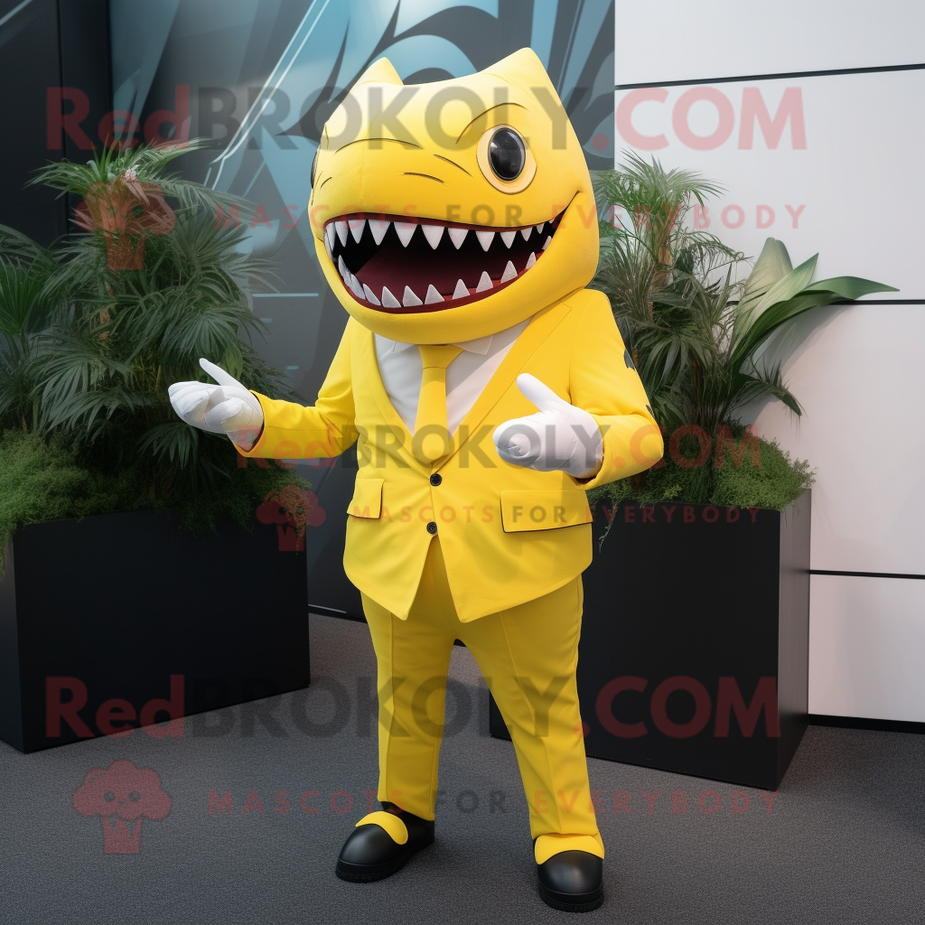 Yellow Shark REDBROKOLY mascot costume character dressed with a Suit ...