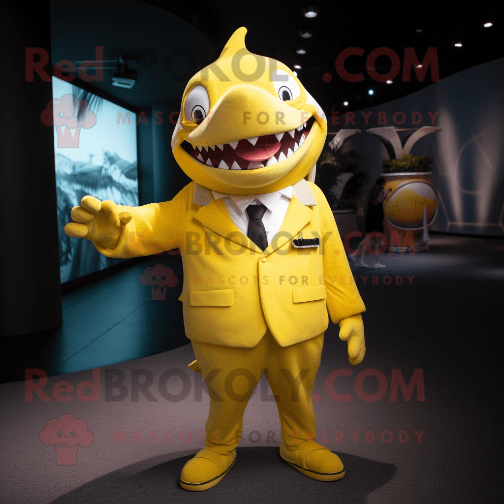 Yellow Shark REDBROKOLY mascot costume character dressed with a Suit ...