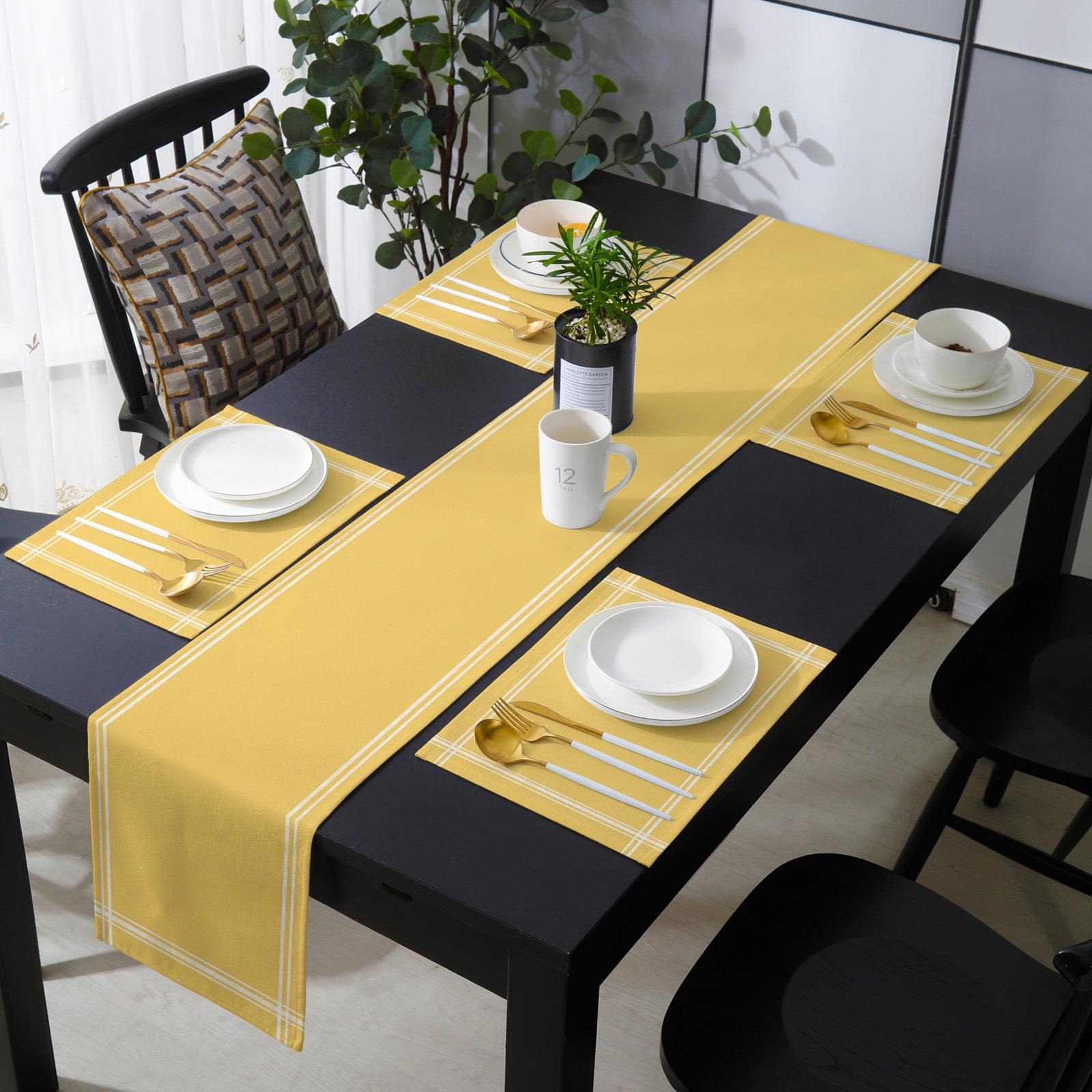 Yellow Solid Placemats Set of 6 with 72 Inches Long Table Runners, Pure ...