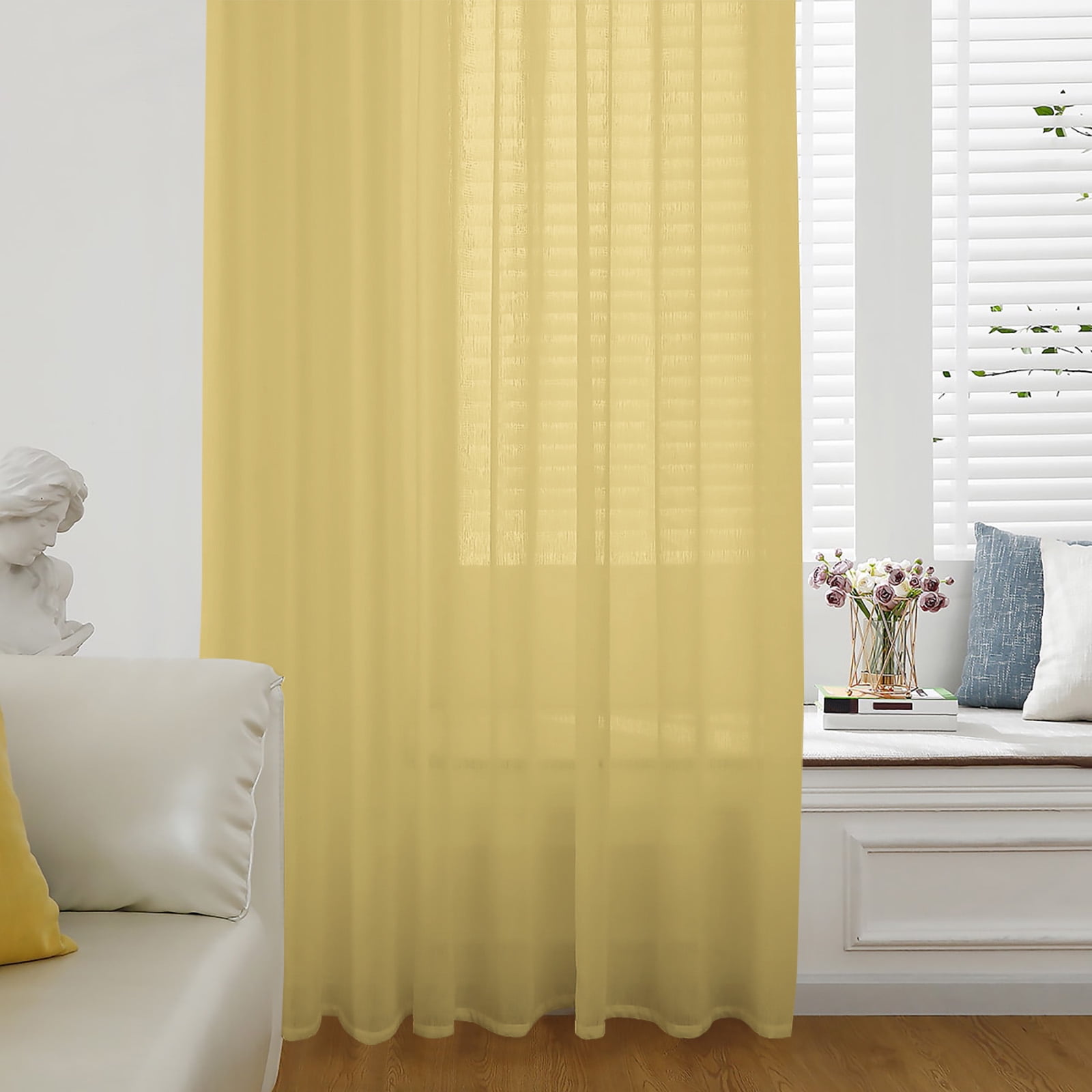 Yellow Solid Window Curtain 96 Inches Long, Pure Color Semi Sheer Rod ...