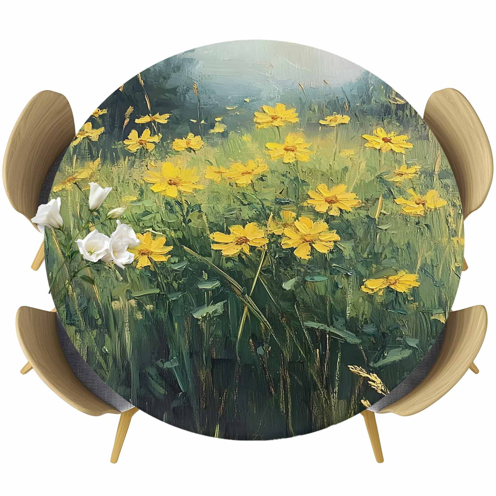 Yellow Spring Floral Round Tablecloth 45-54 Inch Round Fitted Table ...