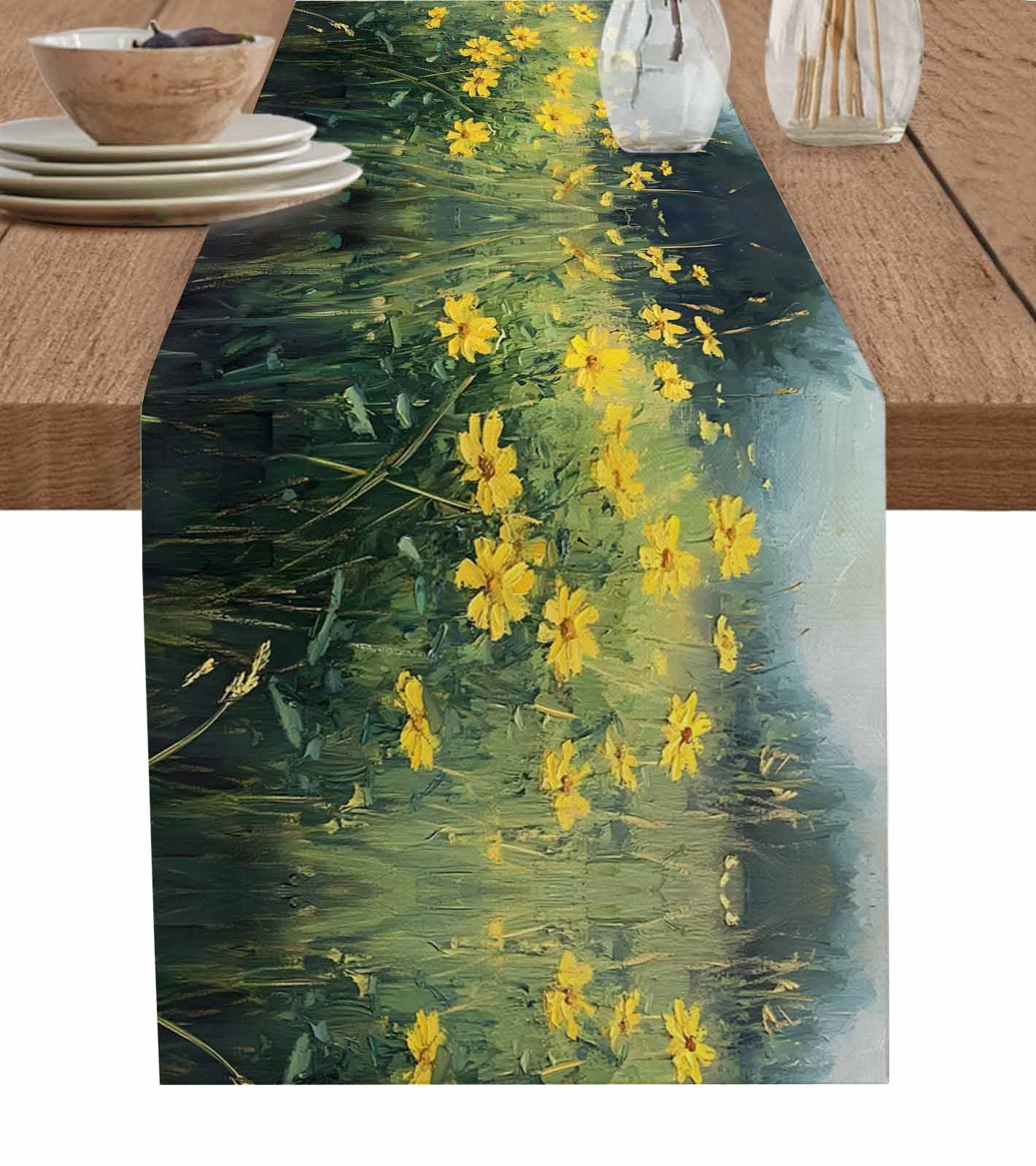 Yellow Spring Floral Table Runner 60 Inches, Green Botanical Modern Oil ...