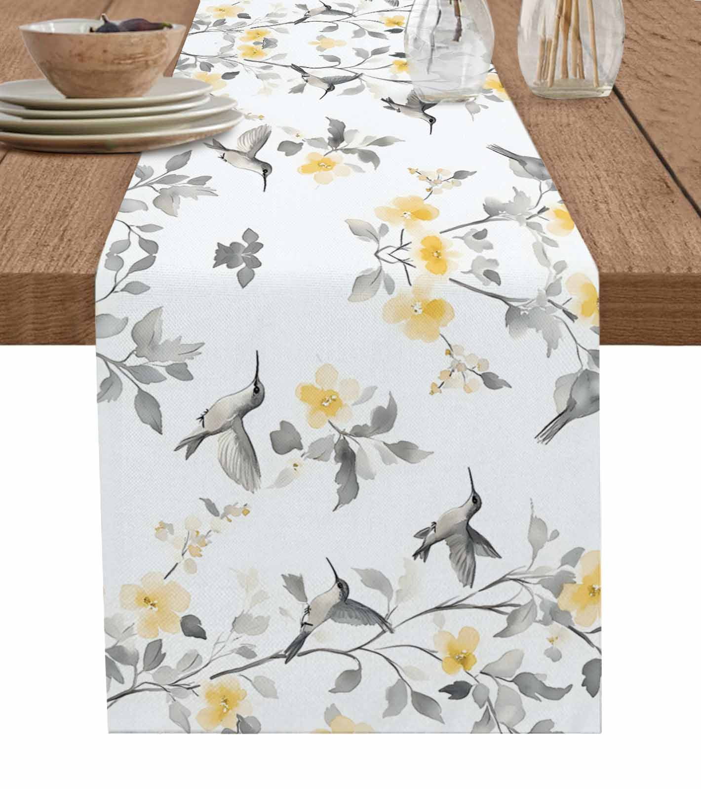 Yellow Spring Floral Table Runner 72 Inches, Gray Summer Botanical ...