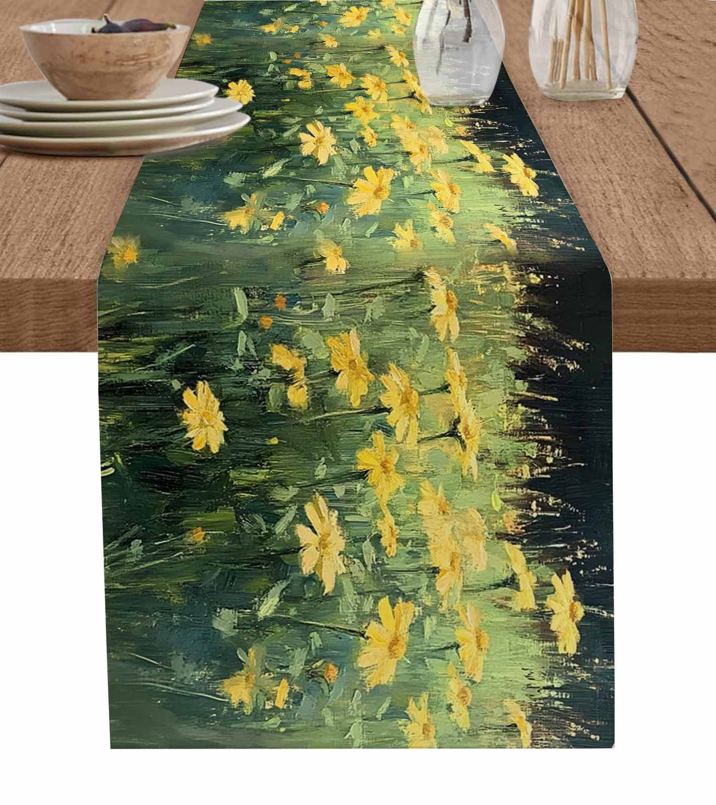 Yellow Spring Floral Table Runner 72 Inches, Modern Abstract Art Oil ...