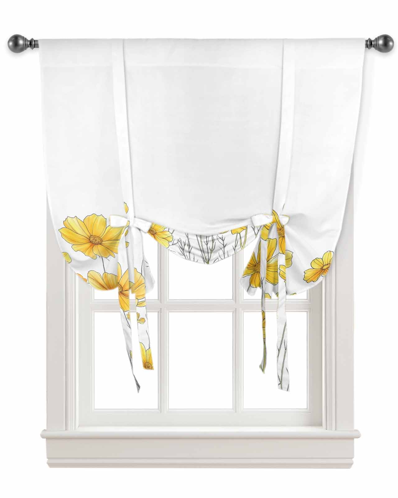 Yellow Spring Floral Tie Up Curtains for Kitchen Bathroom Bedroom Windows 45 Inch Length, Summer ...