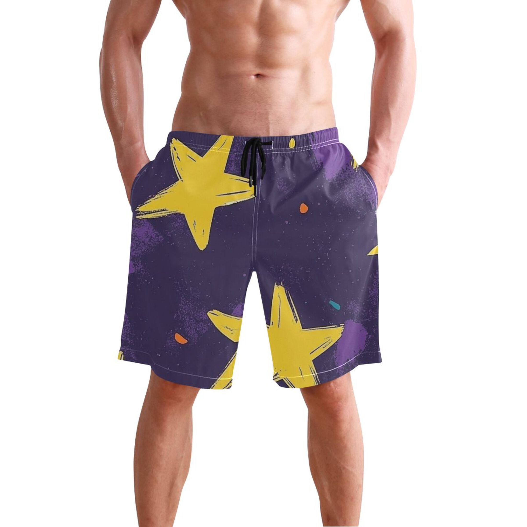 Yellow Stars on Purple Sky Men's Swim Trunks Beach Shorts Bathing ...