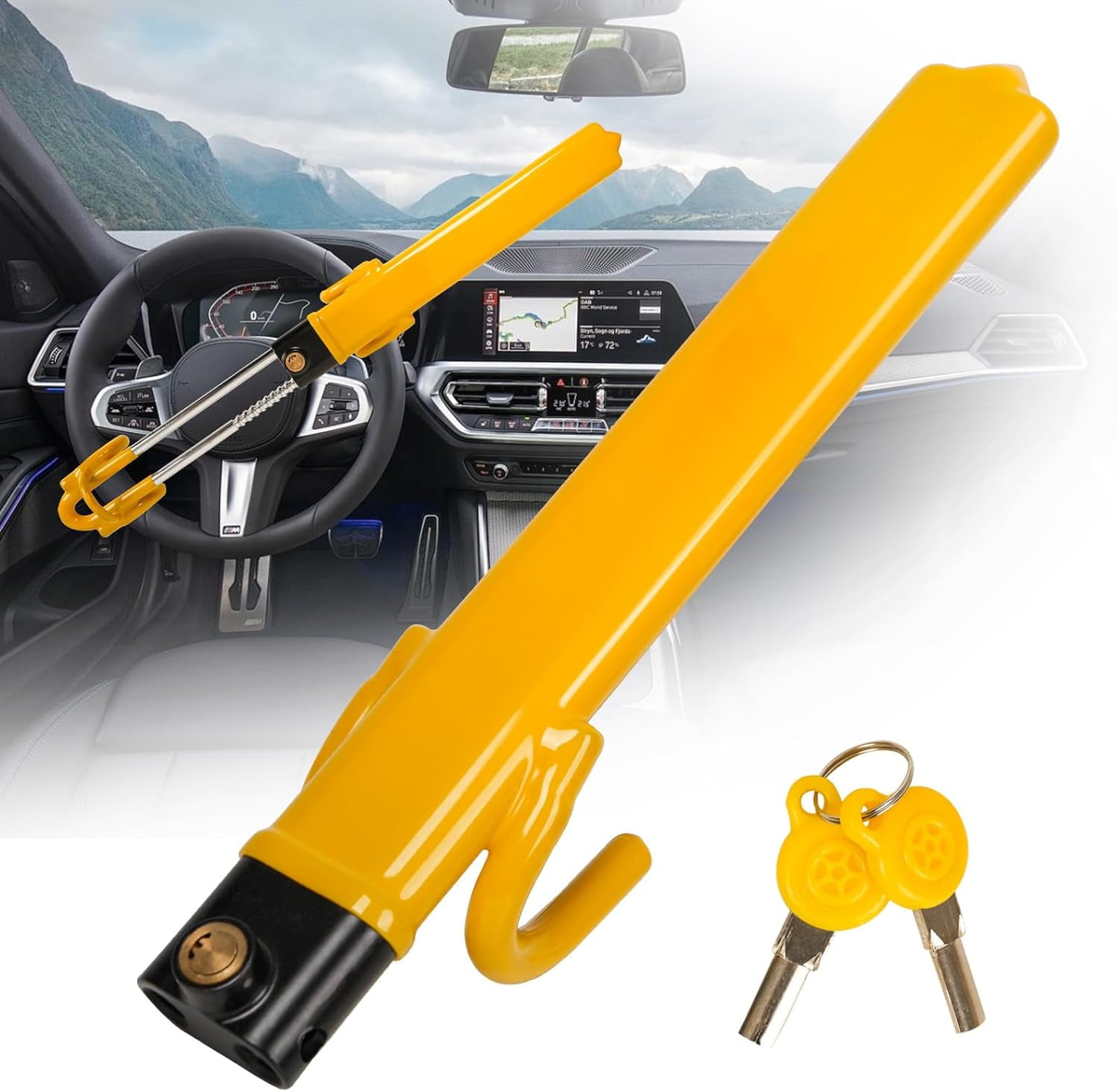 Yellow Steering Wheel Lock Anti-Theft Device Adjustable Length Clamp ...