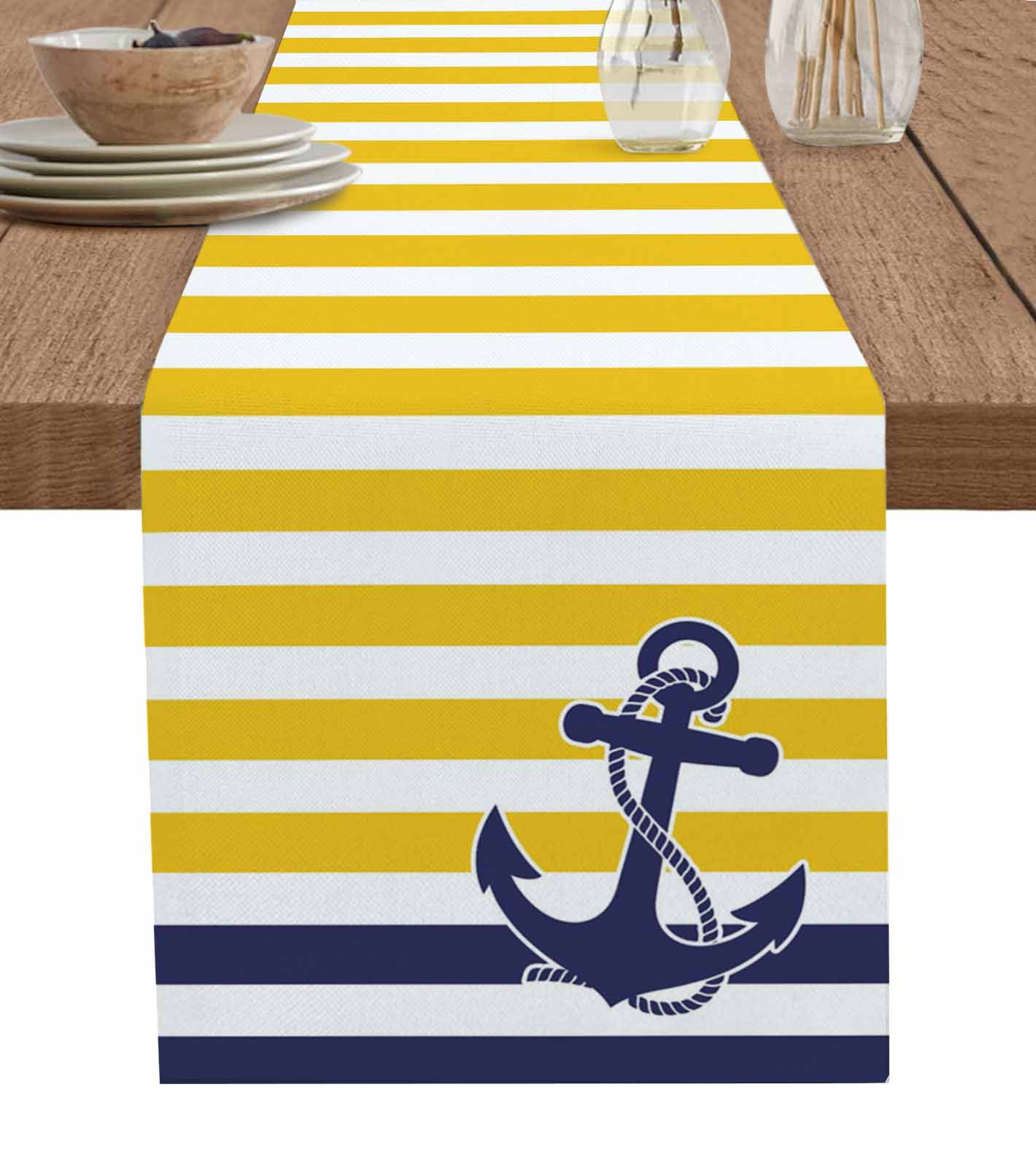 Yellow Striped Table Runner Navy Blue Nautical Anchor Geometric ...