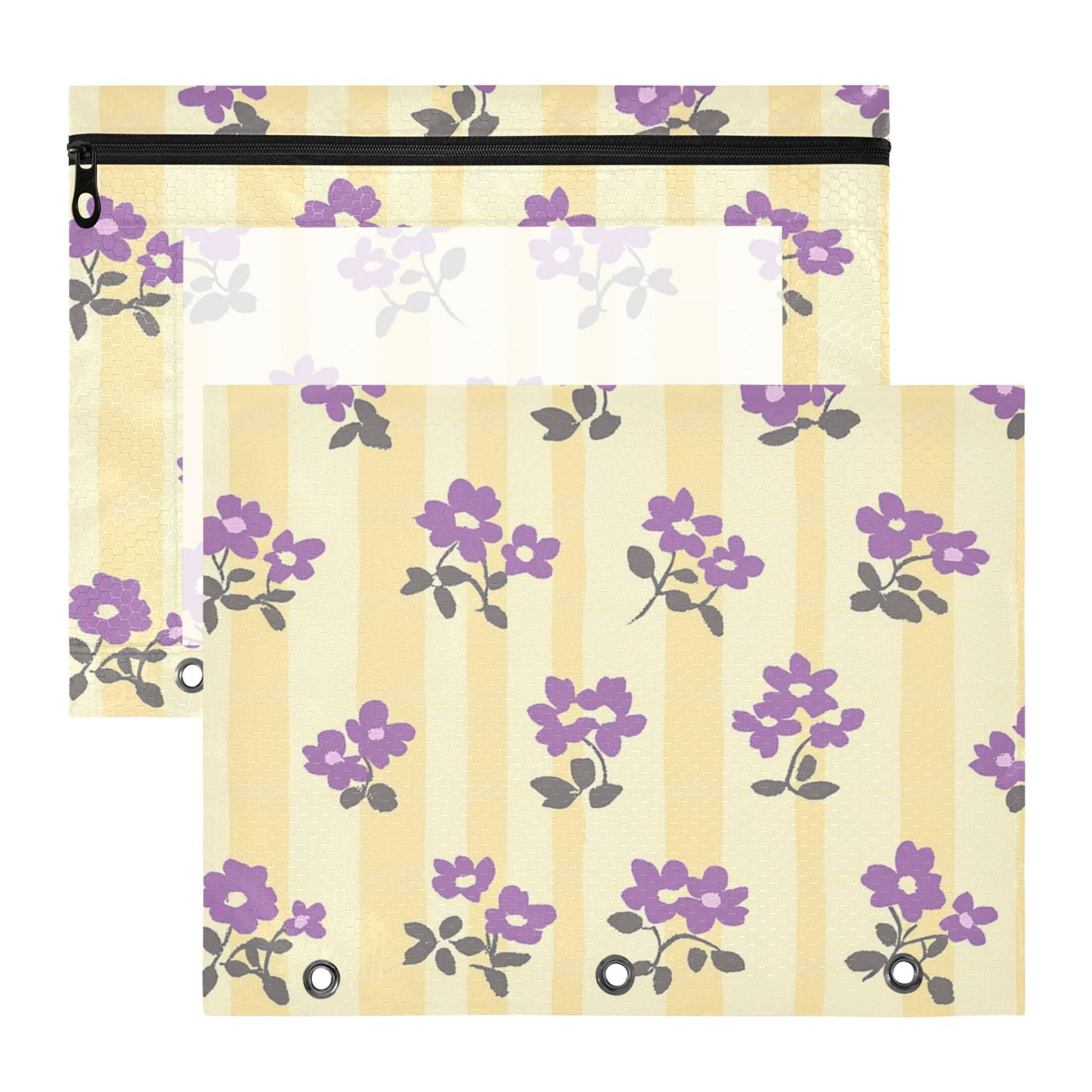 Yellow Stripes Purple Flowers Leaves 3-Ring Binder Pouches A4 Size ...