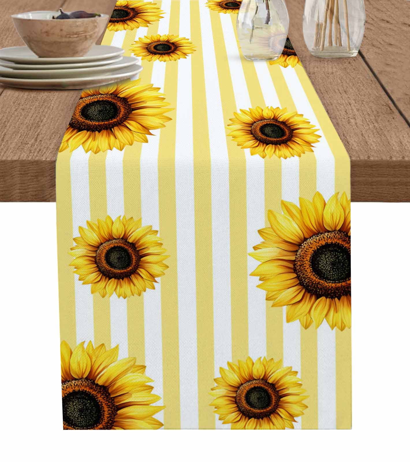 Yellow Stripes Sunflower Table Runner 108 Inches, Pastoral Botanical ...