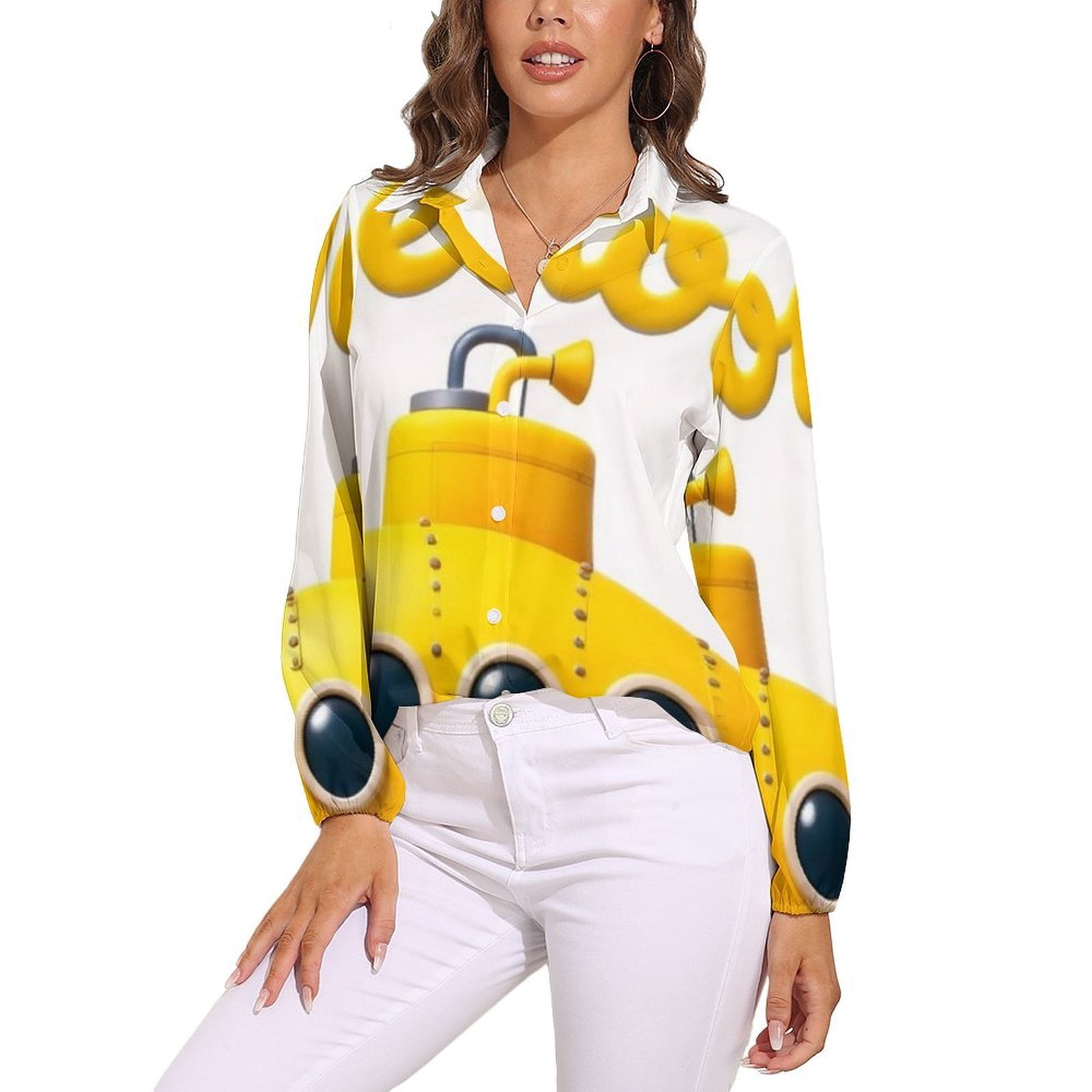 Yellow Submarine Cartoon Art Vntage Casual Long Sleeve Shirt Blouse ...